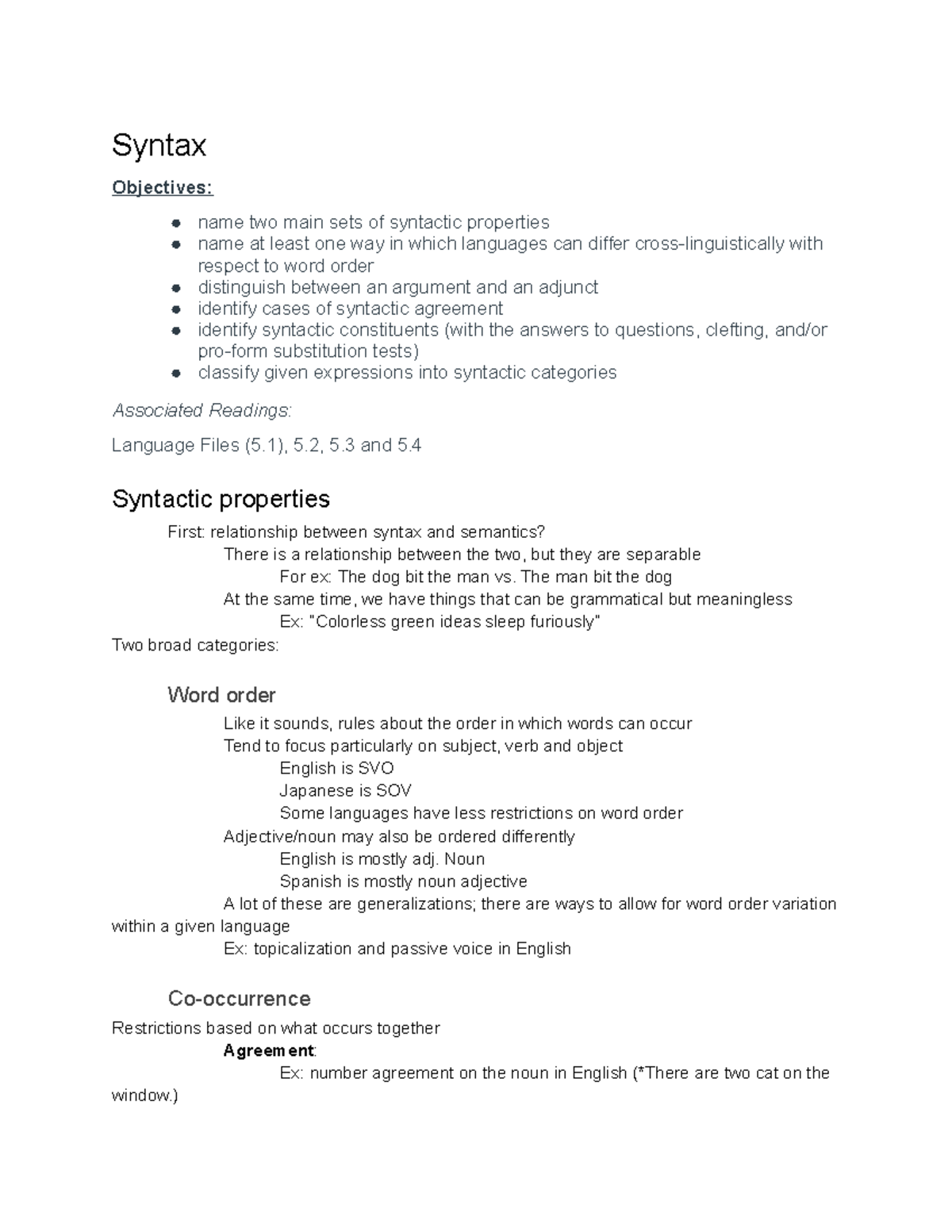 LNGN210 02 M4 Syntax Notes - Syntax Objectives: name two main sets of ...