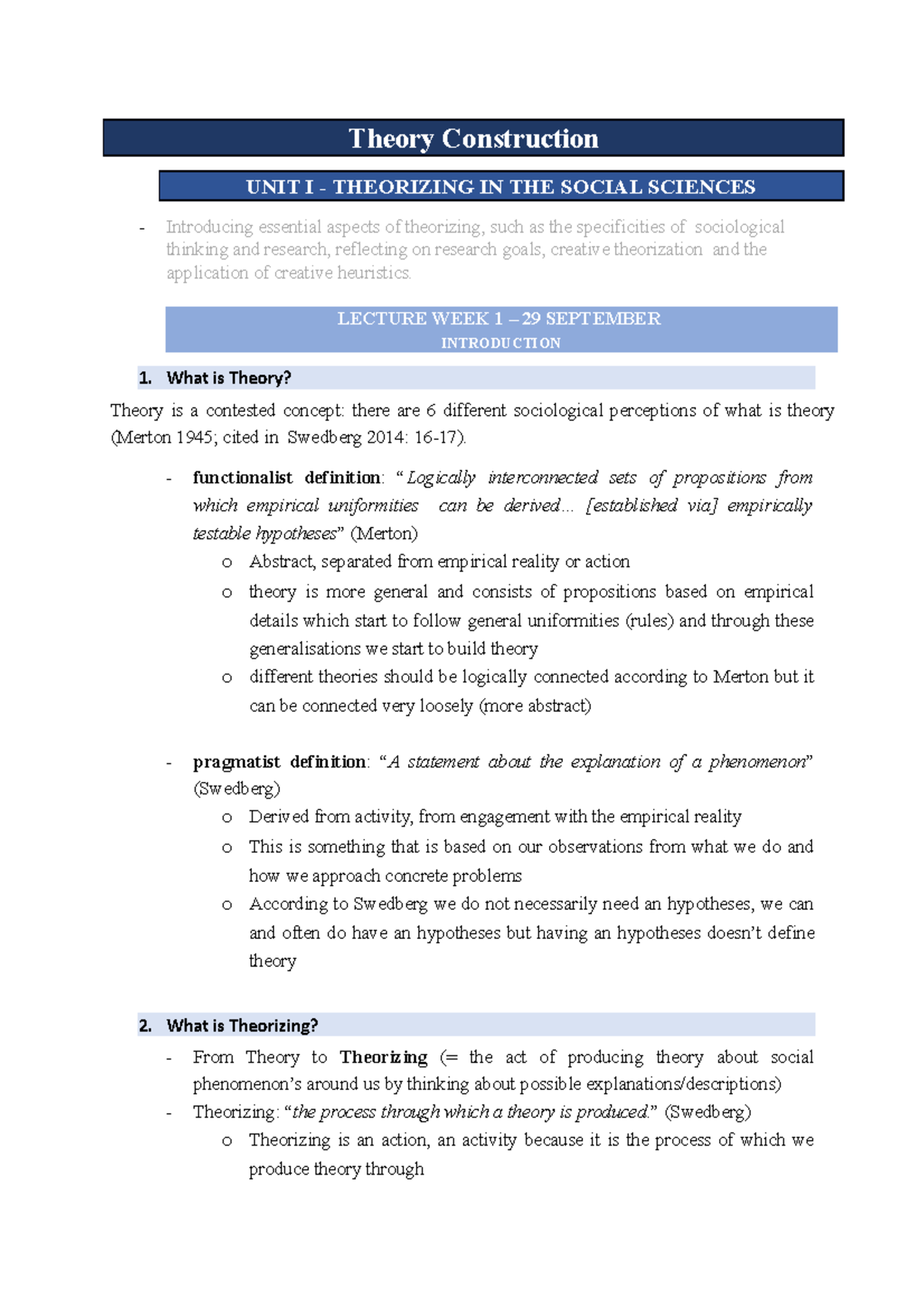 Theory Construction HC1 - Theory Construction UNIT I - THEORIZING IN ...