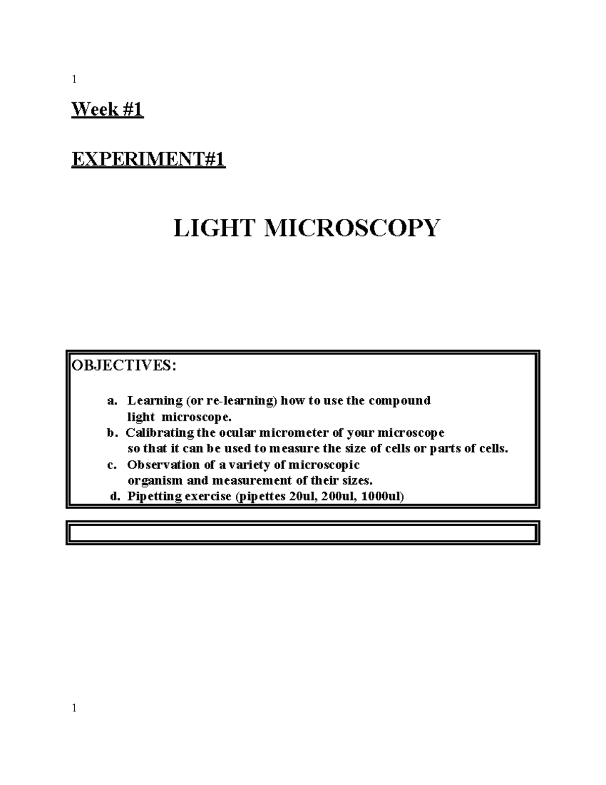 Week 1 lab manual - Week EXPERIMENT# LIGHT MICROSCOPY OBJECTIVES: a. Learning (or re-learning ...