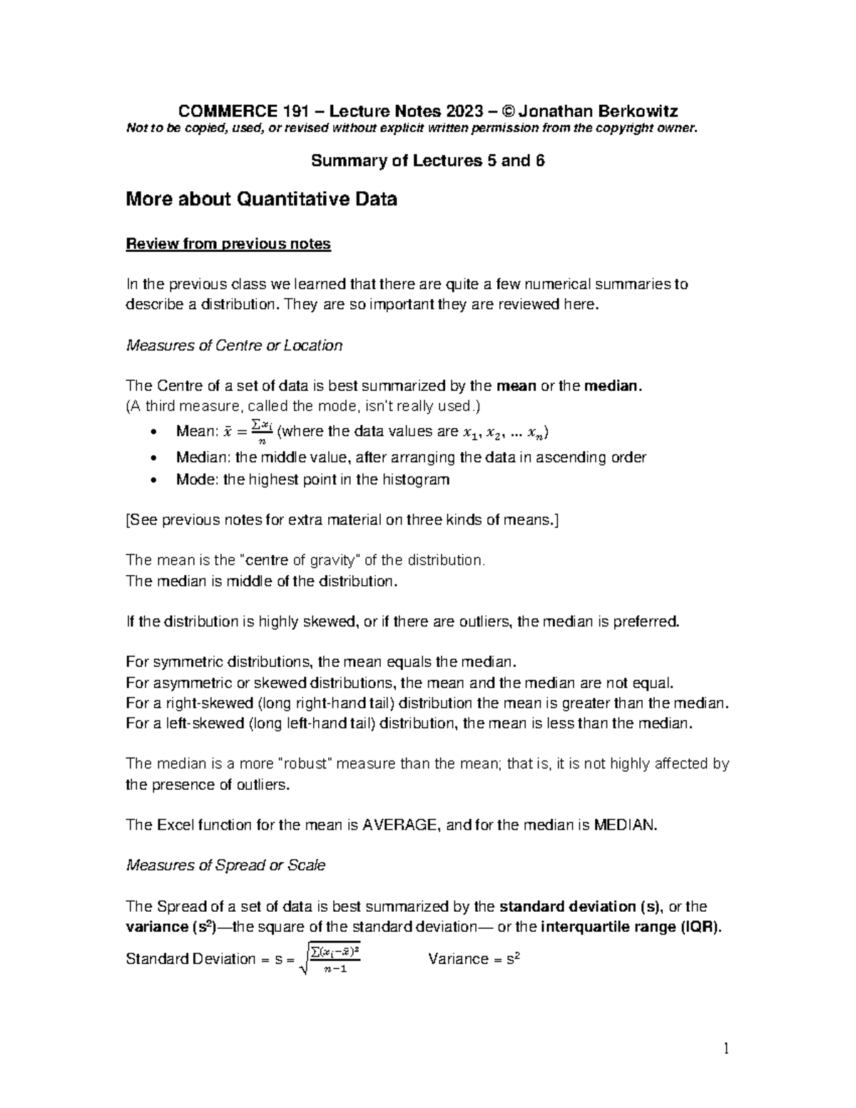 C191 2023(2022W2) Lectures 5 6 - COMMERCE 191 – Lecture Notes 2023 ...