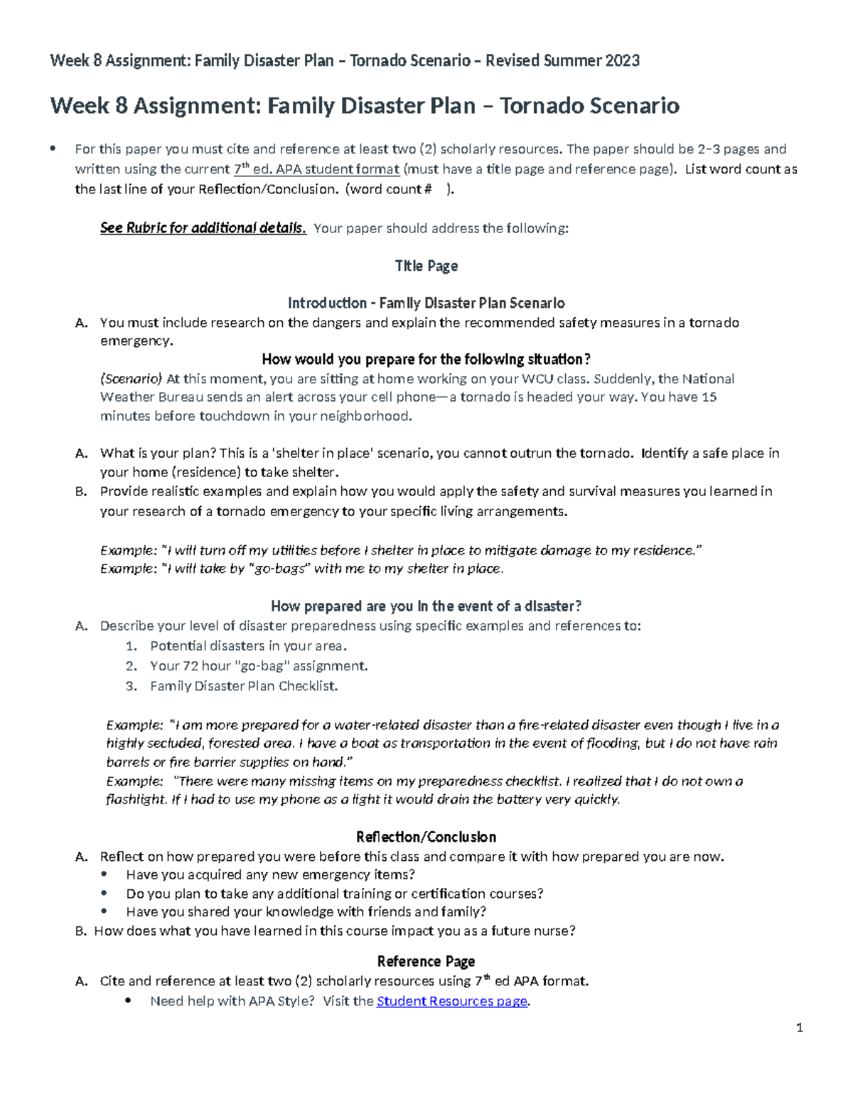 NURS 431 Week 8 Family Disaster Plan - Tornado Scenario Instructions-1 ...