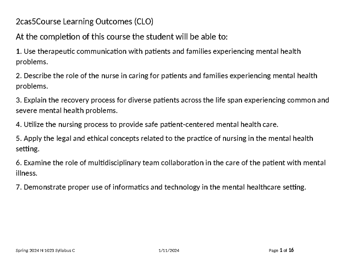 Syllabus C (Mental Health) - 2cas5Course Learning Outcomes (CLO) At the ...