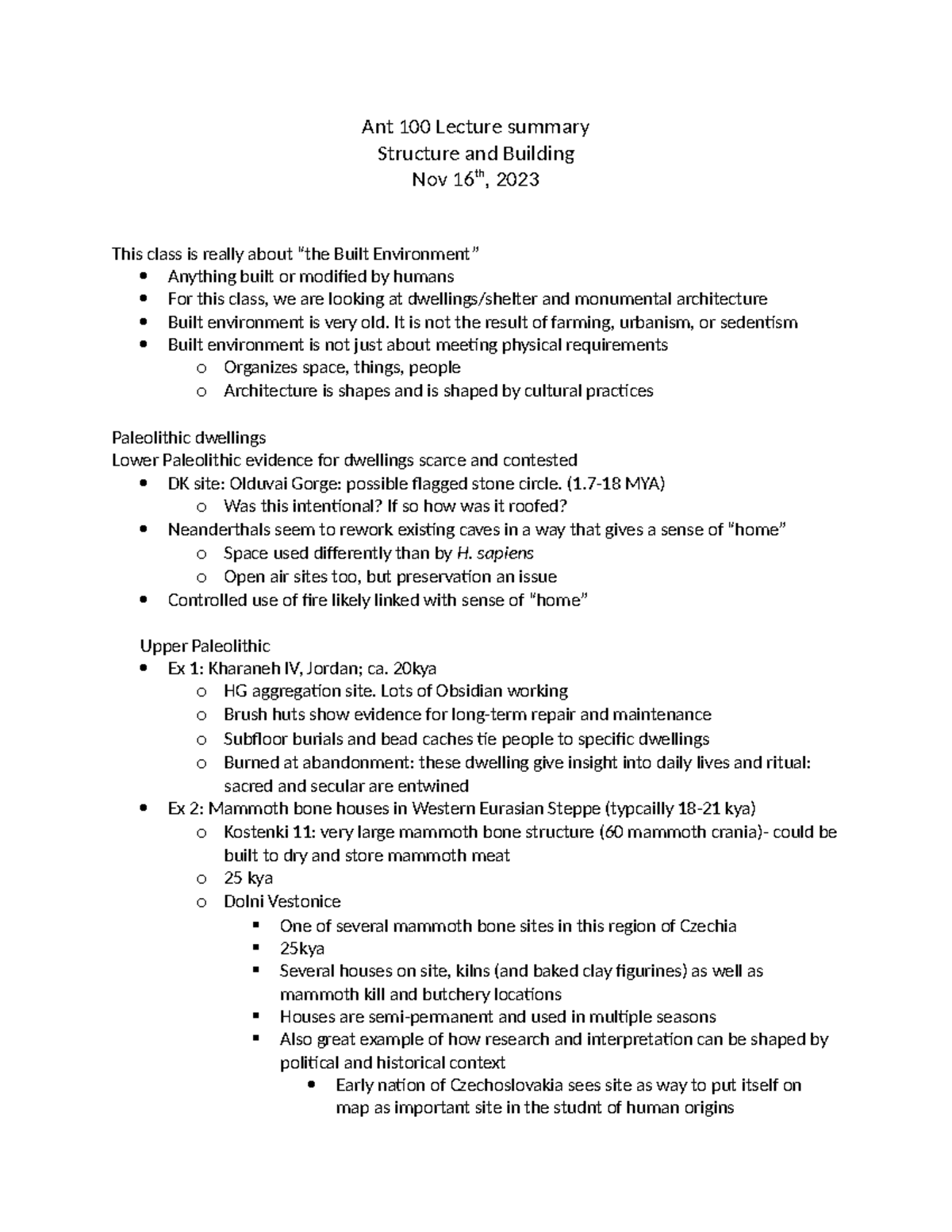 Ant 100 Lecture summary week 10 Structure and Building Nov 16 - Ant 100 ...