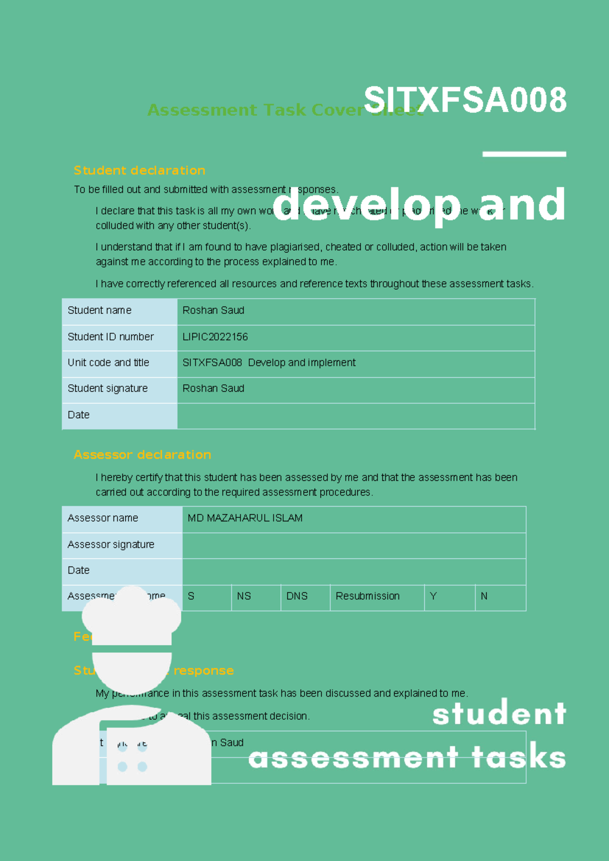 Sitxfsa 008 Student Assessment Tasks - Assessment Task Cover Sheet ...