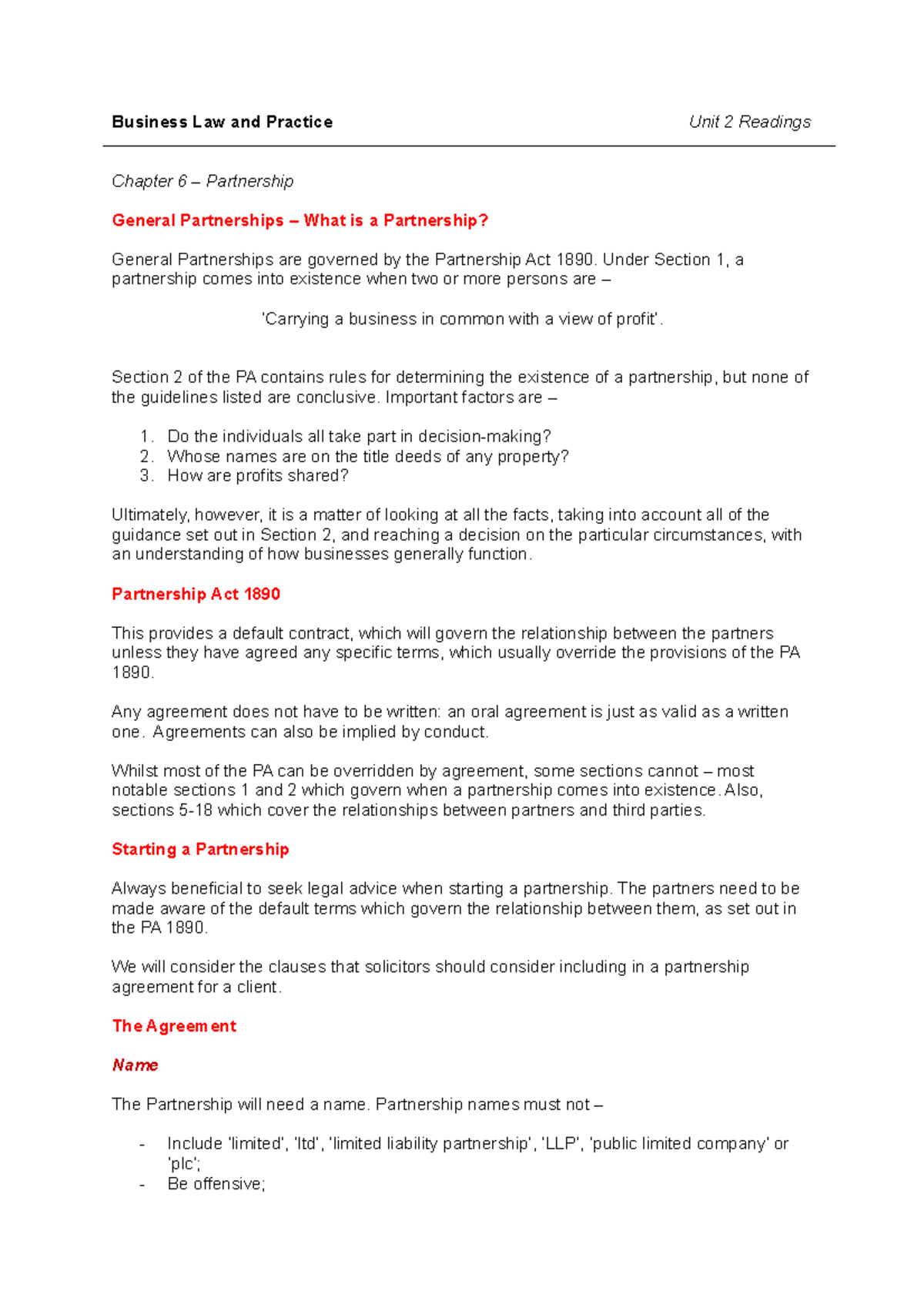 Unit 2 Readings - Notes. - Business Law and Practice Unit 2 Readings ...