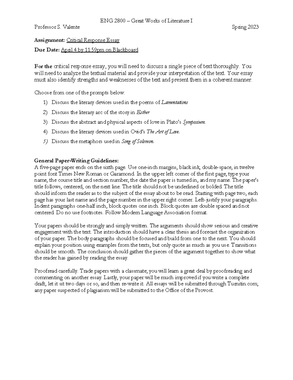 Critical Response Assignment Prompt copy - ENG 2800 – Great Works of ...