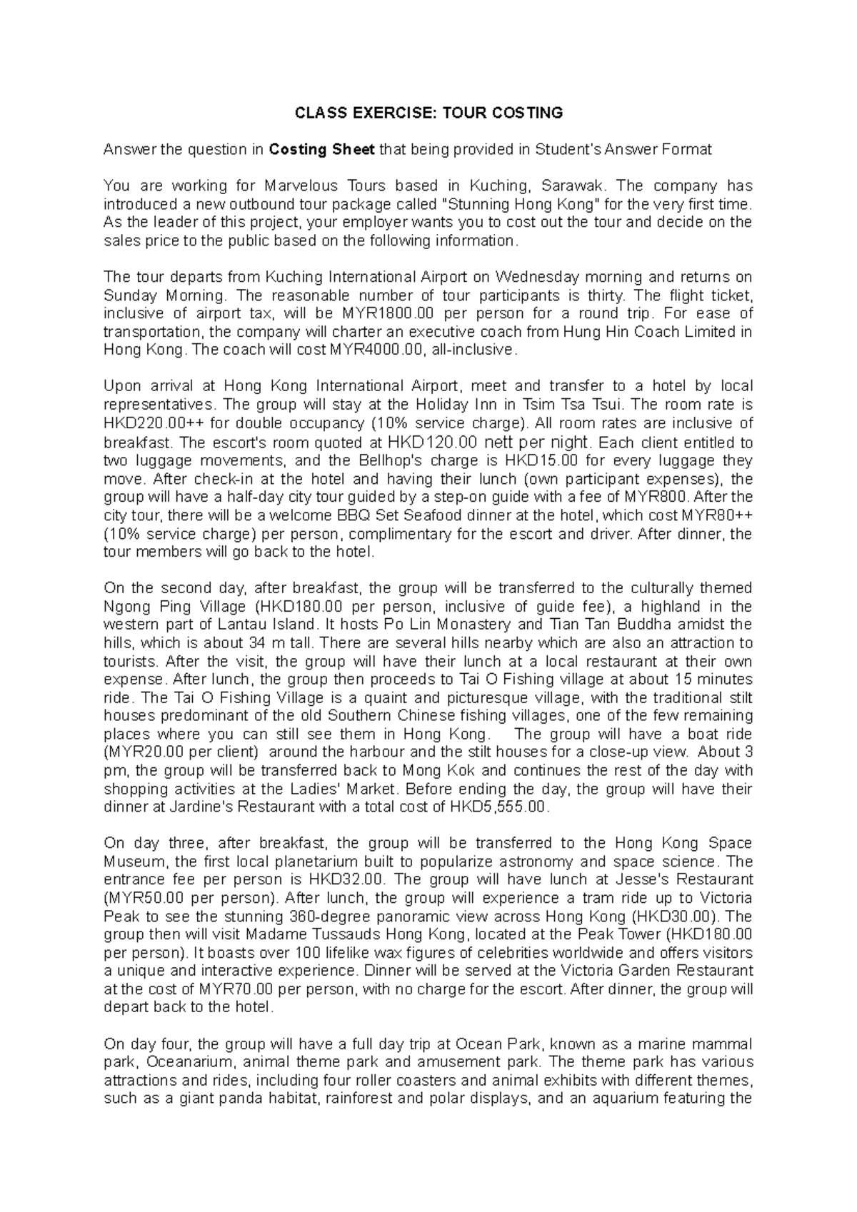 Class Exercise Week 12 Tour Costing - CLASS EXERCISE: TOUR COSTING ...