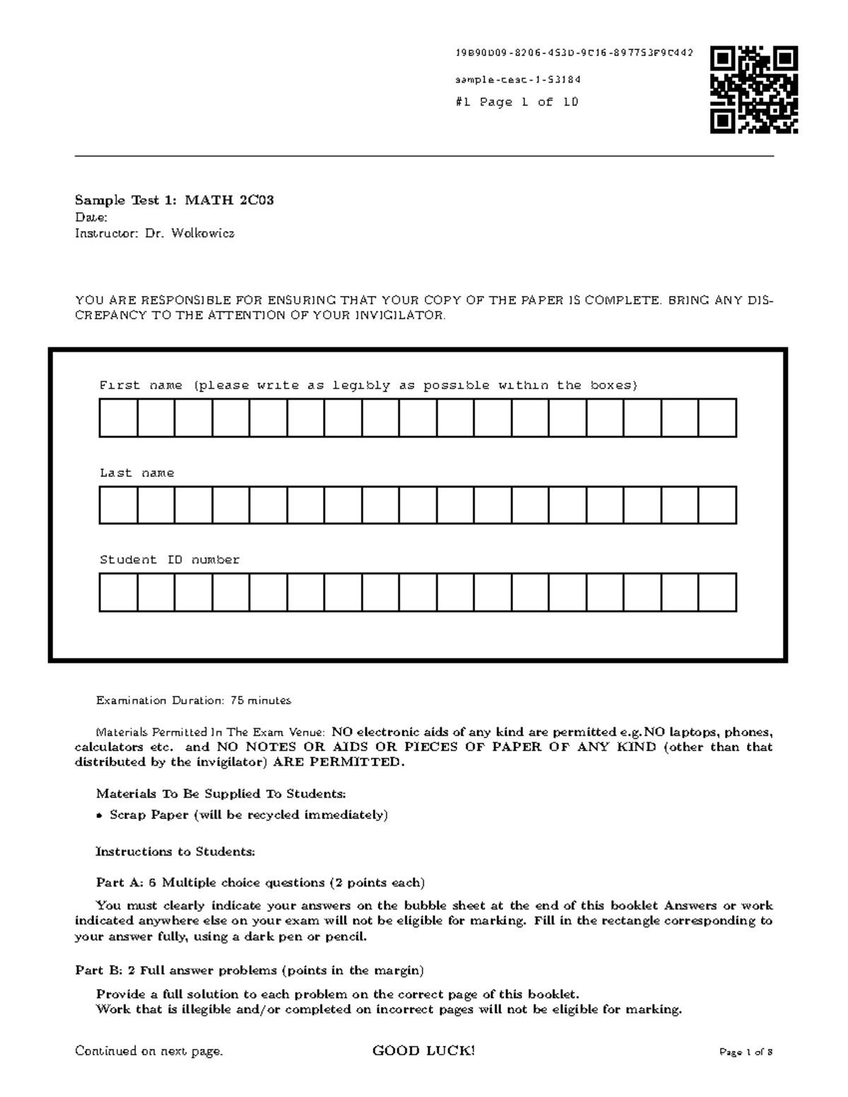 Sample test 1 M2C03 2023 - Sample Test 1: MATH 2C Date: Instructor: Dr ...