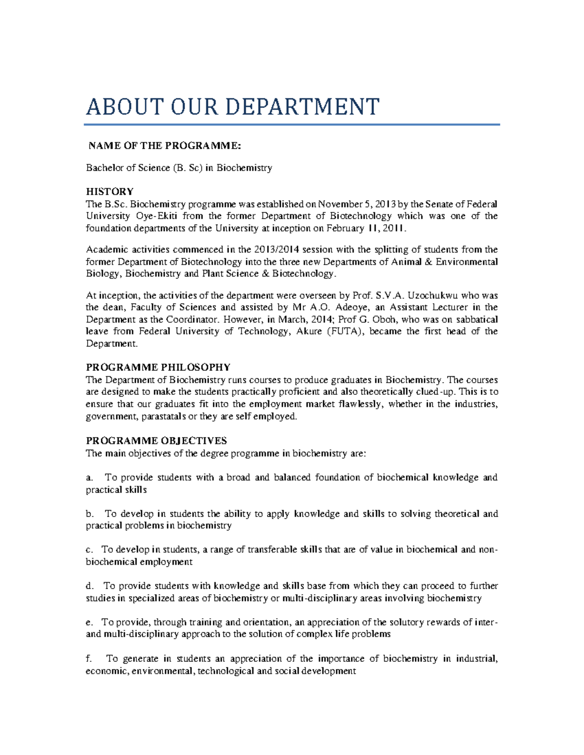 Biochemistry Curriculum - ABOUT OUR DEPARTMENT NAME OF THE PROGRAMME ...