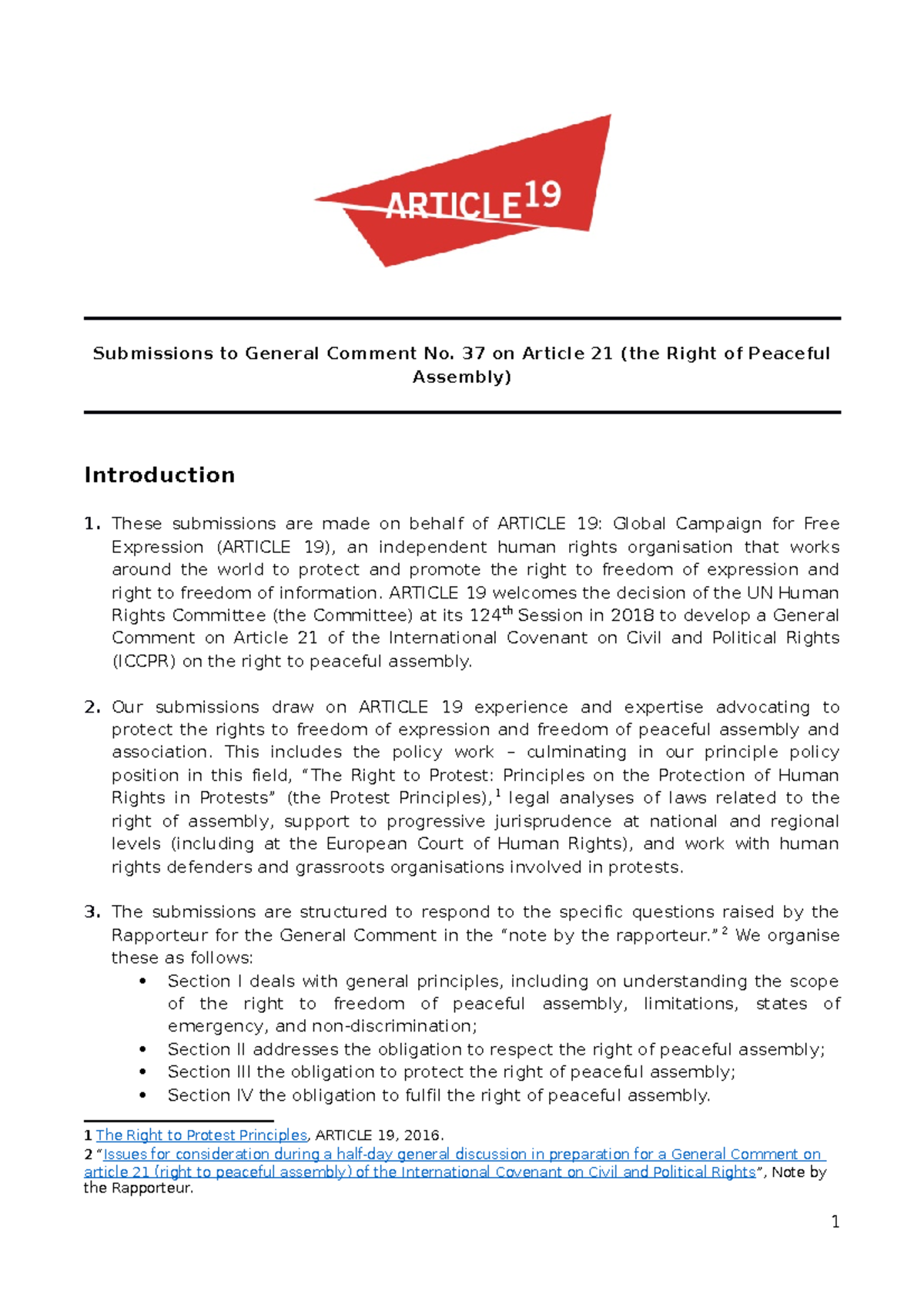 Article 19 - Submissions to General Comment No. 37 on Article 21 (the ...