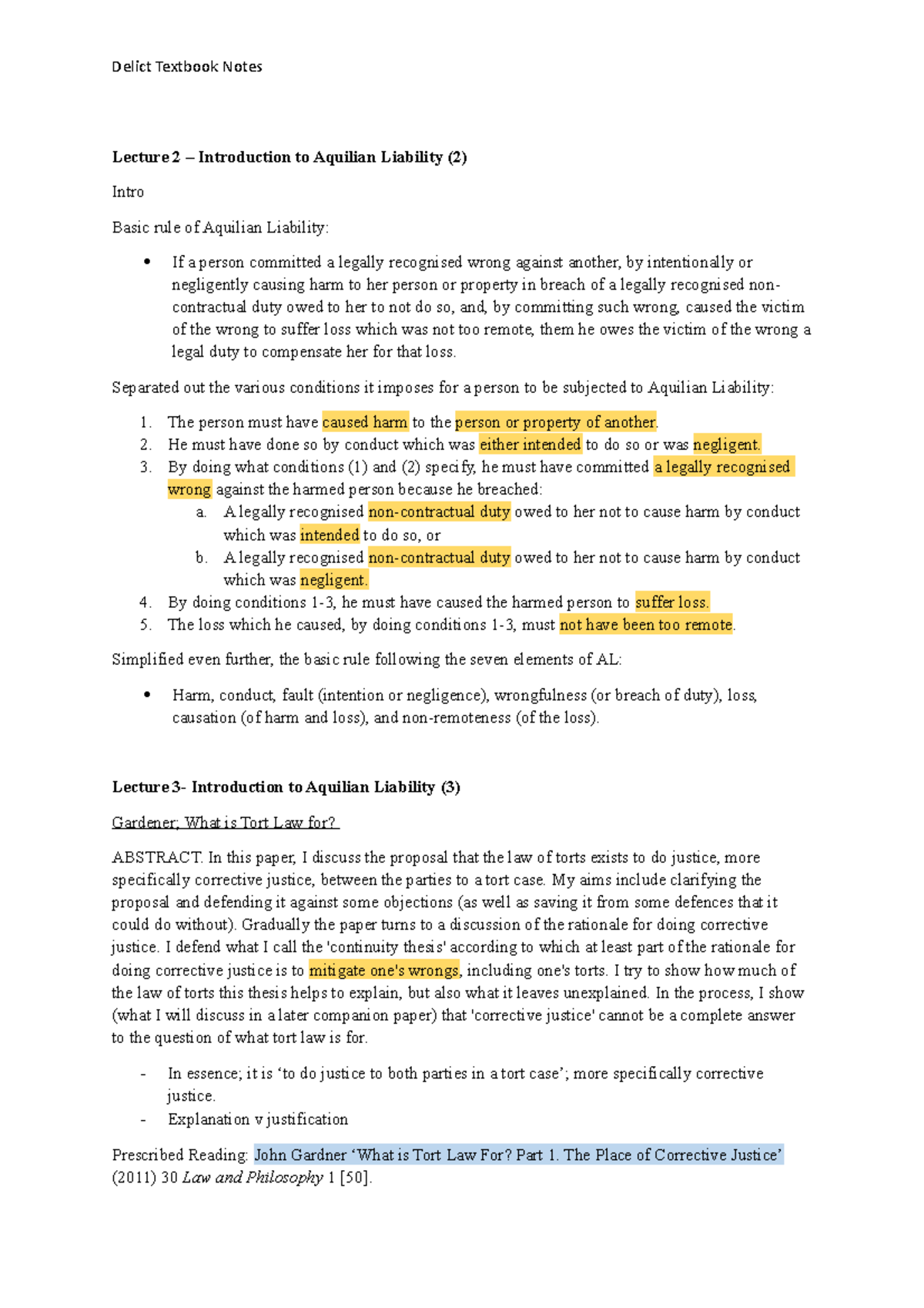 Delict texbook summary - Lecture 2 – Introduction to Aquilian Liability ...