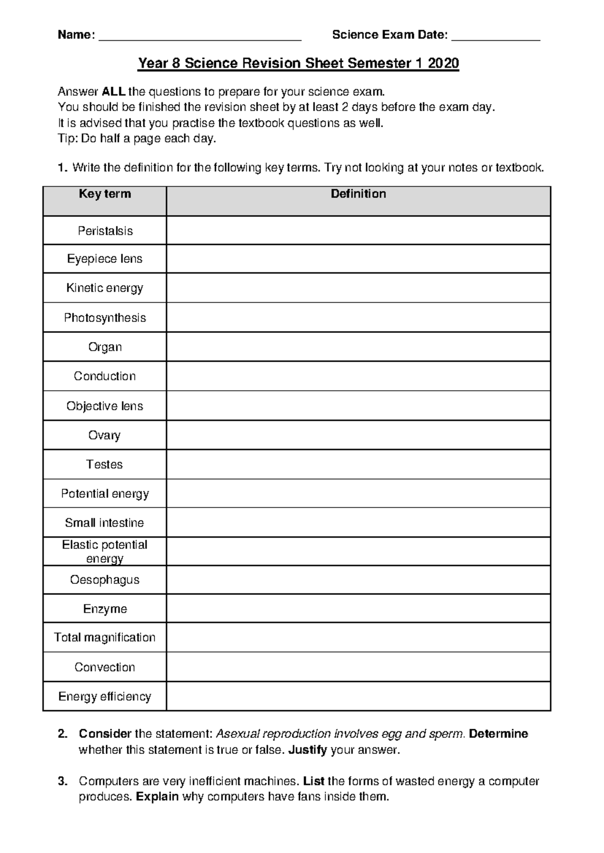 YR 8 Semester 1 - Revision Sheet Physics, Biology V3 - Name