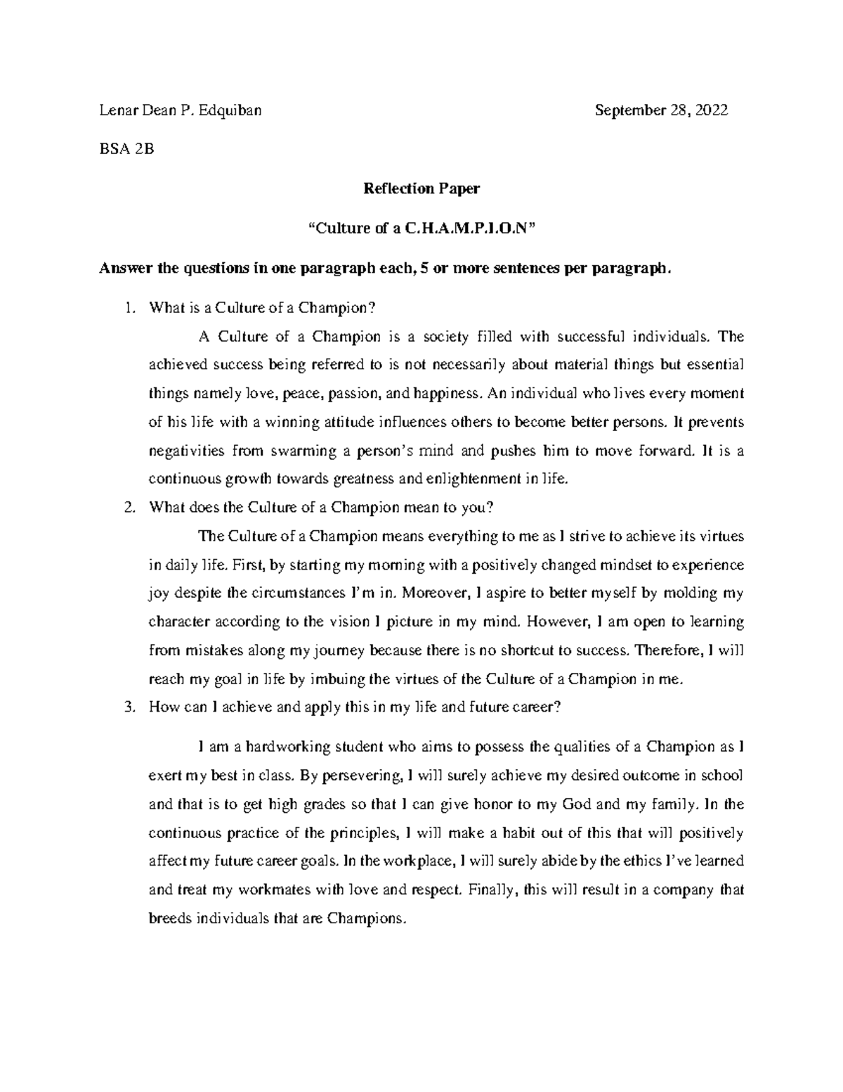 GEC08 Reflection Paper (Culture of a Champion) - Lenar Dean P. Edquiban ...