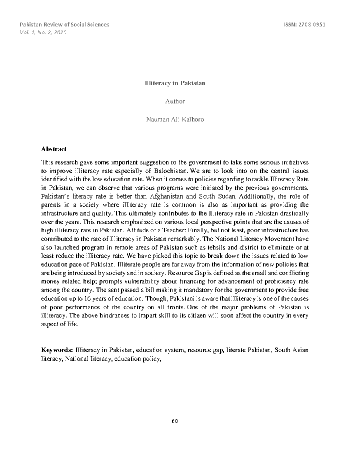 Asadshah,+PRSS +Vol - ..hgdfg - Vol. 1, No. 2, 2020 Illiteracy in ...