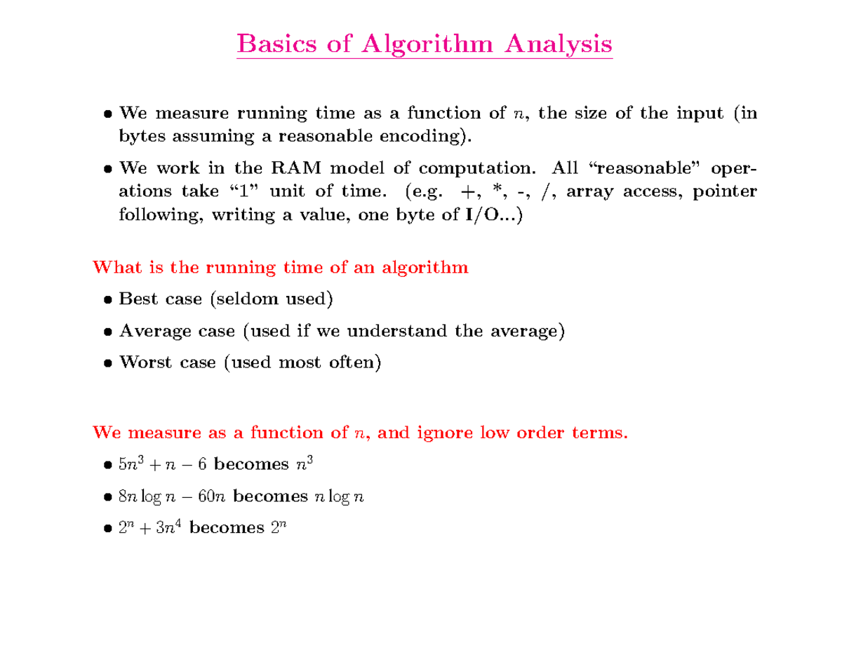 Algal - COMP - Lec - Basics of Algorithm Analysis We measure running time as a function of n ...