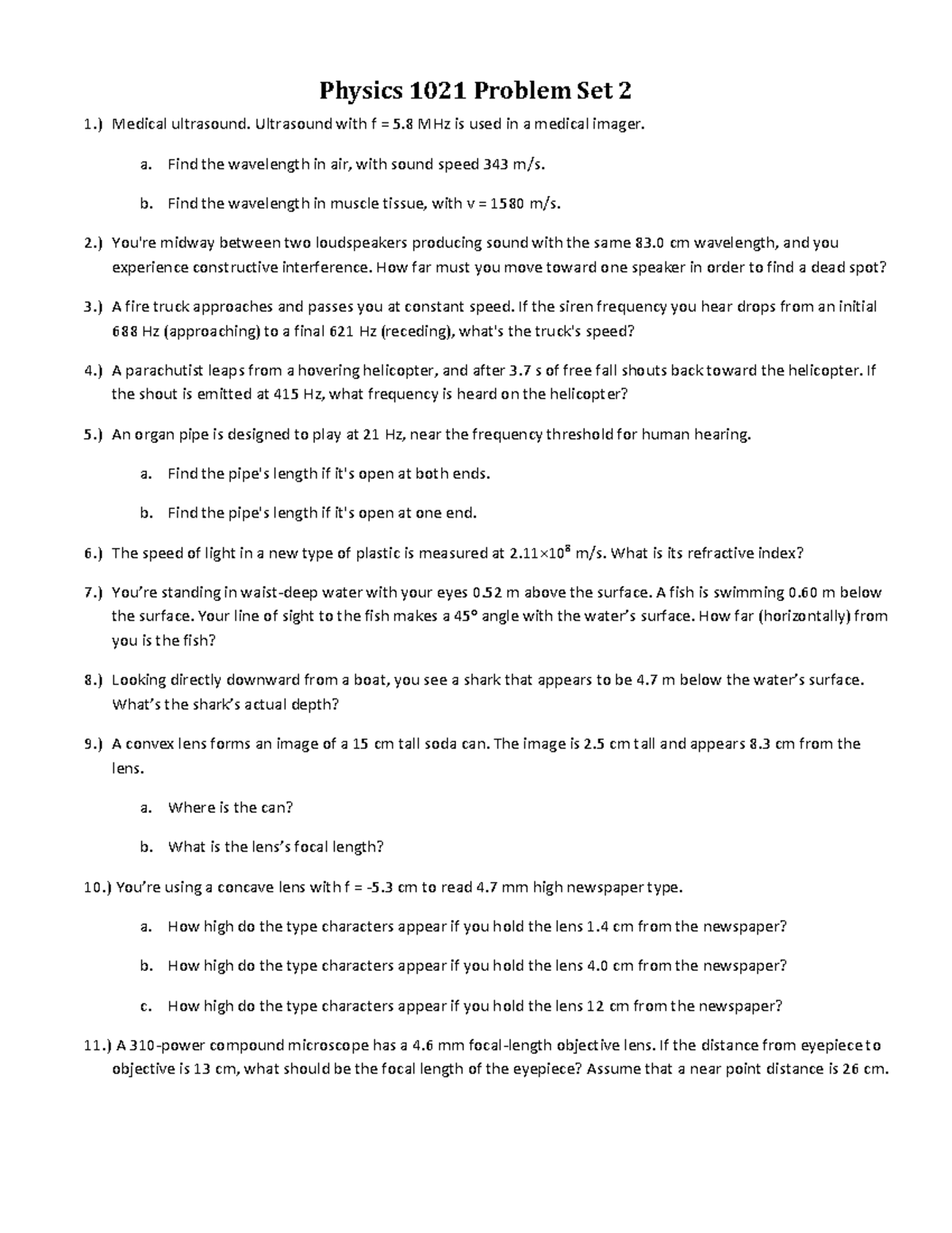Problem Set 2 - small lens and waves - Phys 1021 - Memorial University ...