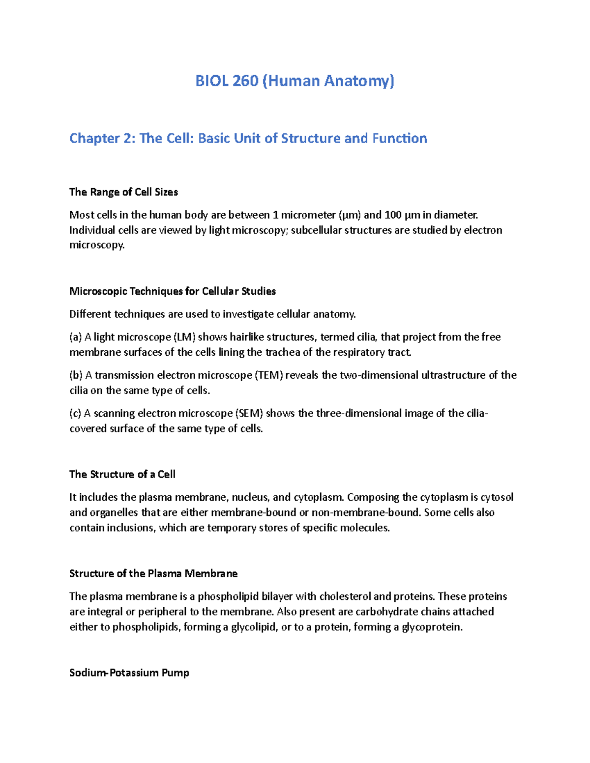 Human Anatomy Chapter 2 Lecture Notes Biol 260 Human Anatomy