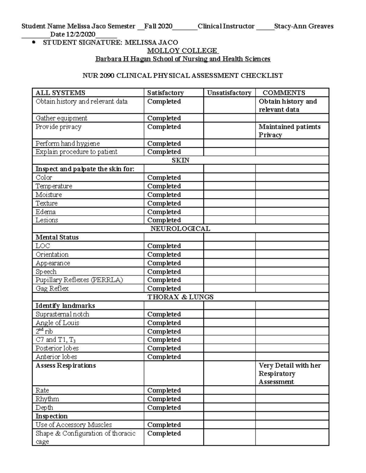 Physical Assessment Checklist all systems copy - Student Name Melissa ...