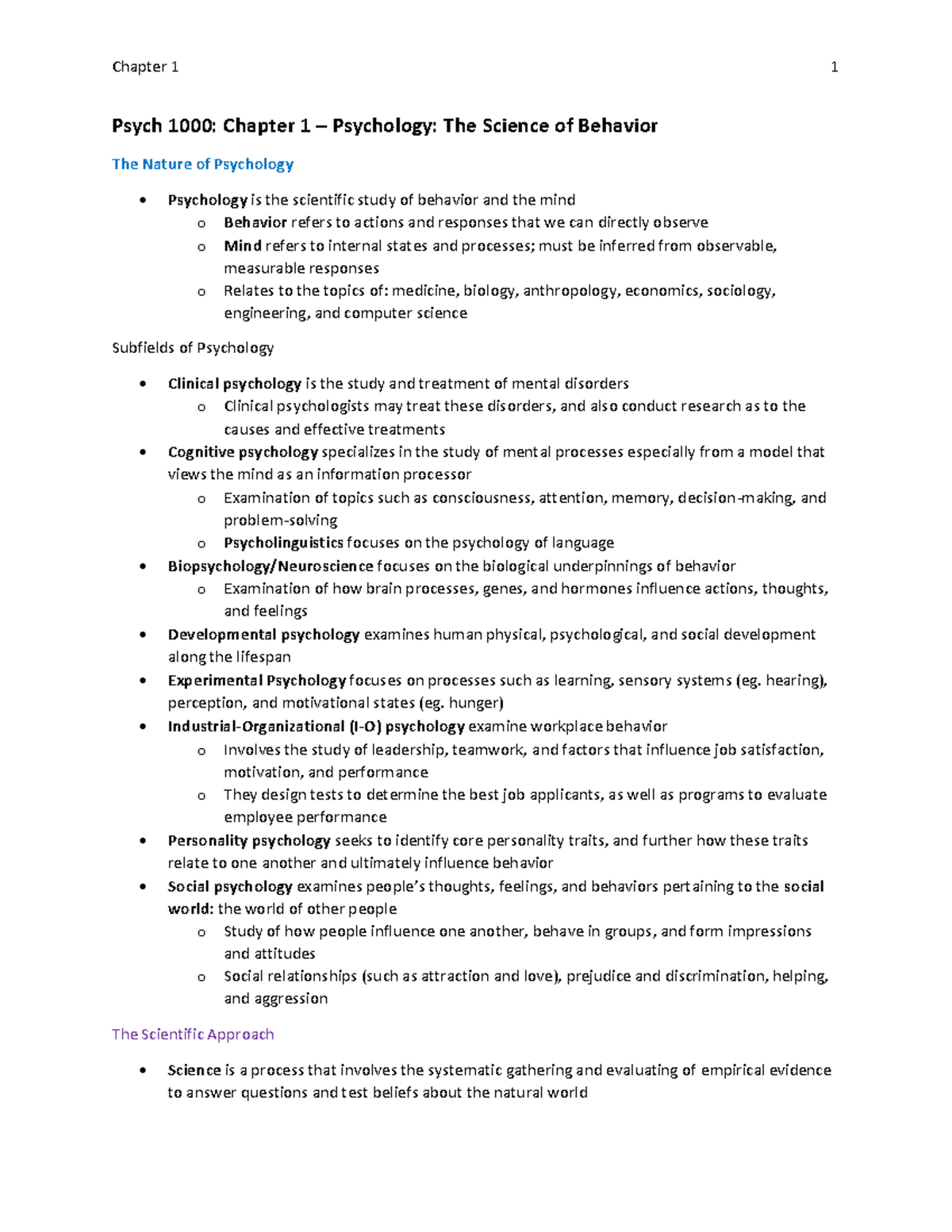 Chapter 1 Notes For Bio Psych 1000 Chapter 1 Psychology The