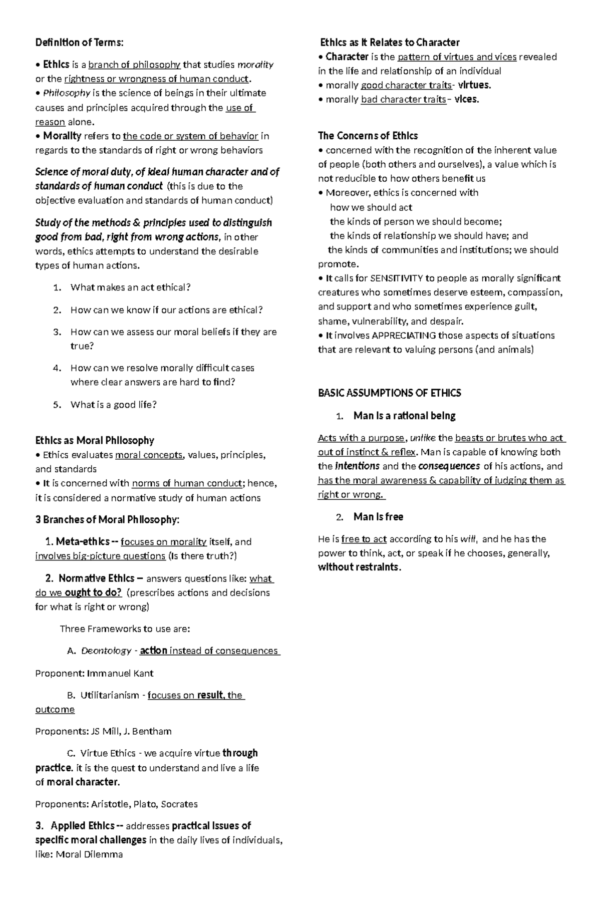 Module 1 - Intro to Ethics - Definition of Terms: Ethics is a branch of ...