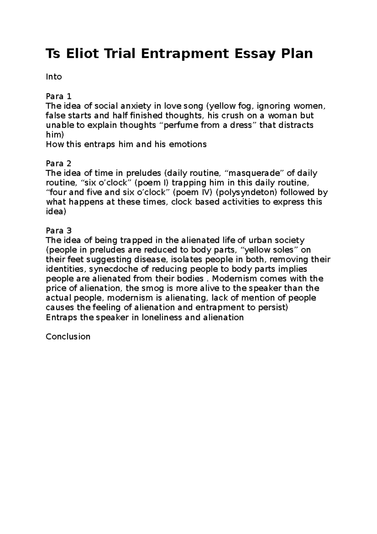 TS Eliot - Essay plan - Ts Eliot Trial Entrapment Essay Plan Into Para ...