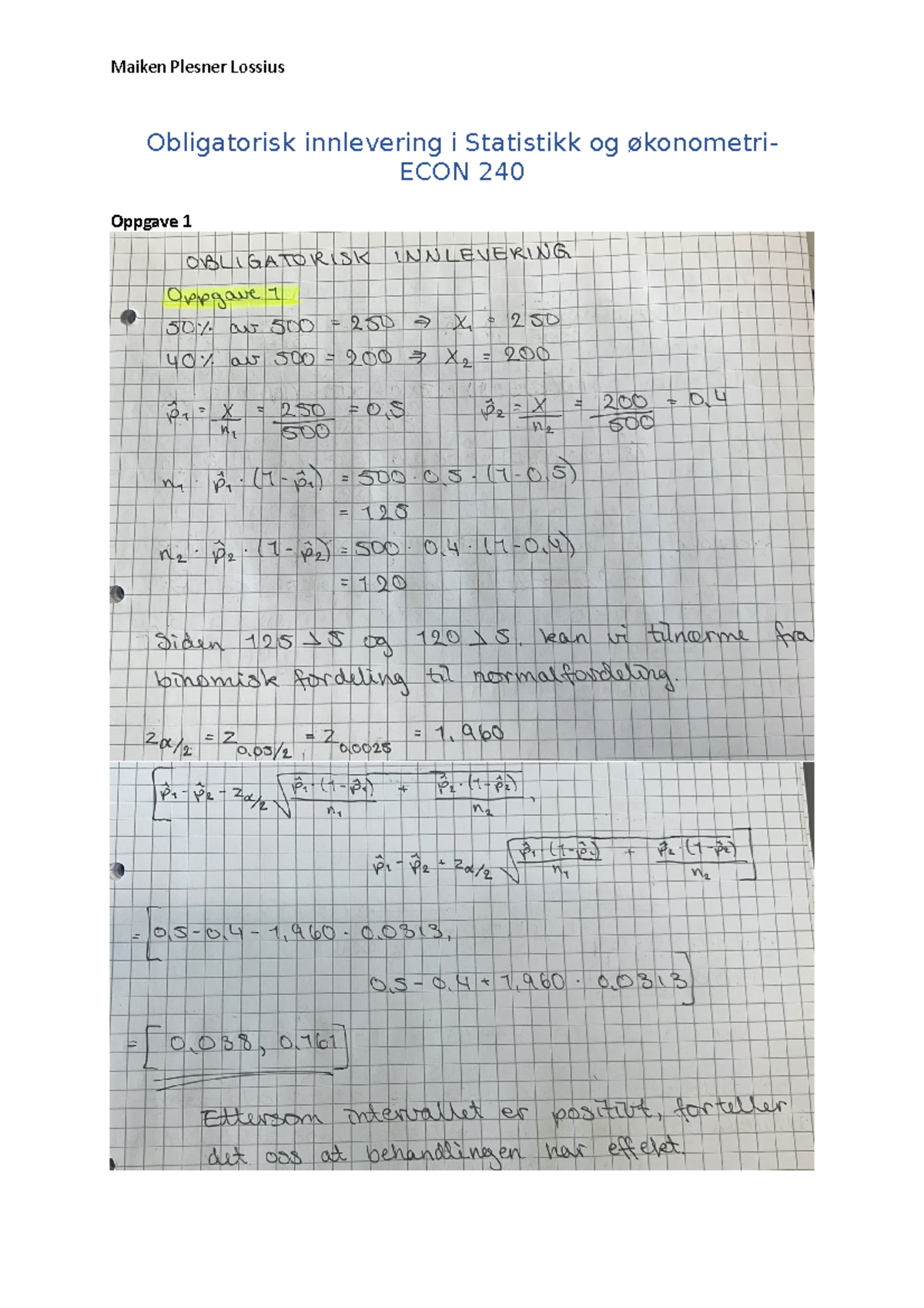 1. obligatoriske innlevering - ECON240 - UiB - Studocu
