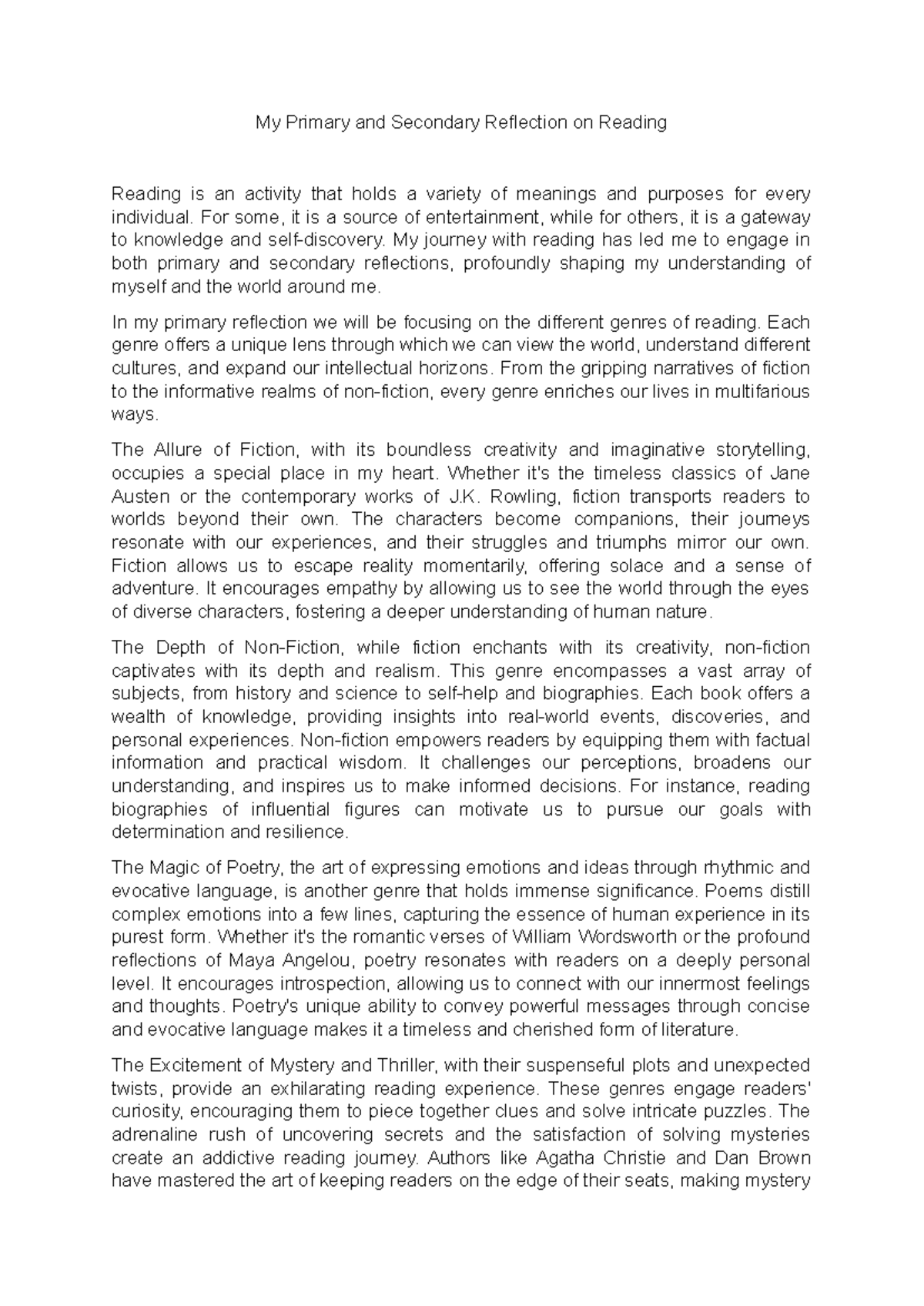 My Primary and Secondary Reflection on Reading - For some, it is a ...