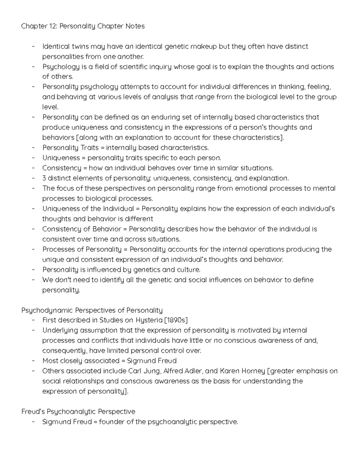 Chapter 12 Personality - Psych Chapter Notes - Chapter 12: Personality ...