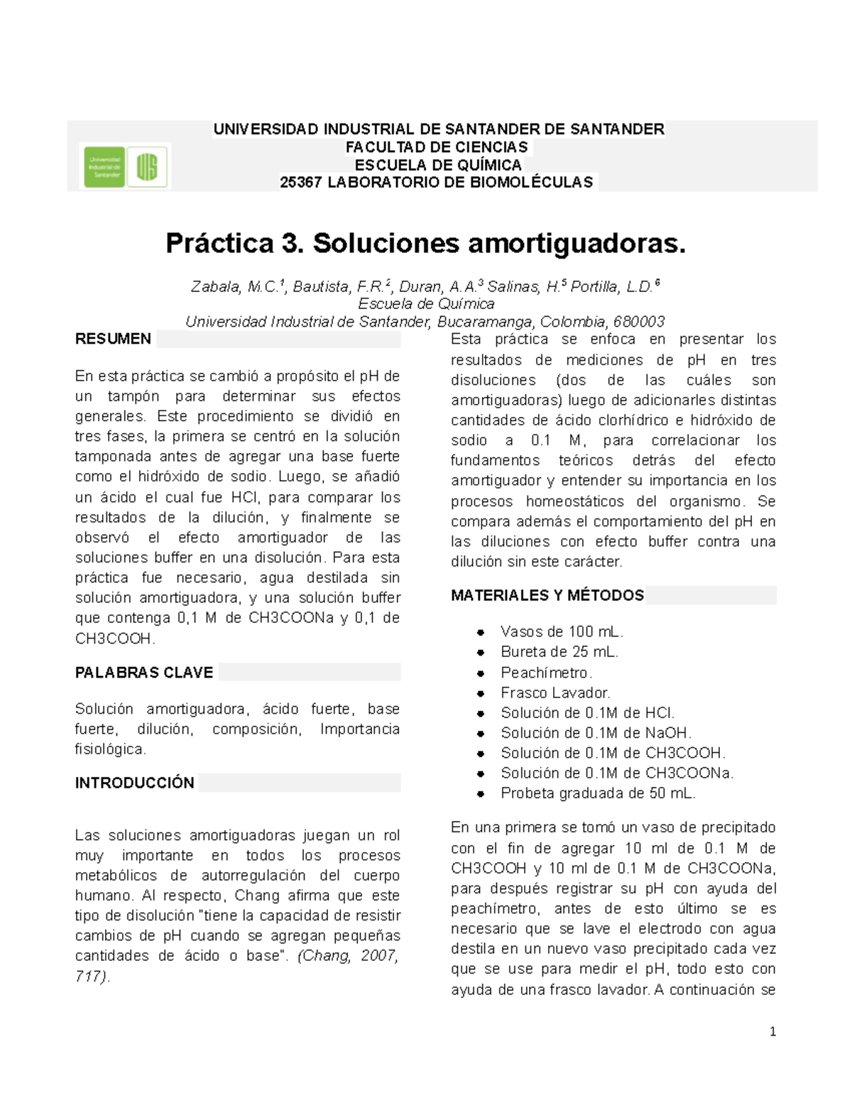 Práctica 3. Soluciones amortiguadoras - UNIVERSIDAD INDUSTRIAL DE SANTANDER DE SANTANDER ...