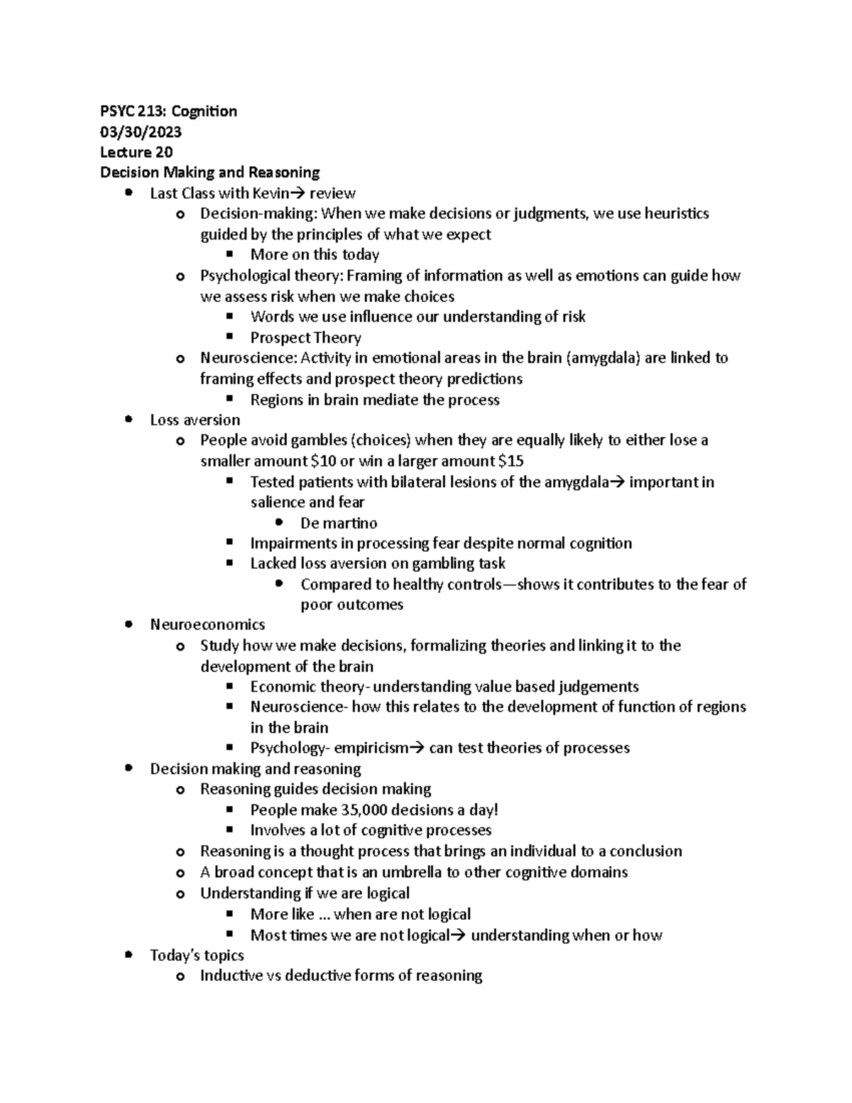 PSYC 213 Lecture 20 - PSYC 213: Cognition 03/30/ Lecture 20 Decision Making and Reasoning Last ...