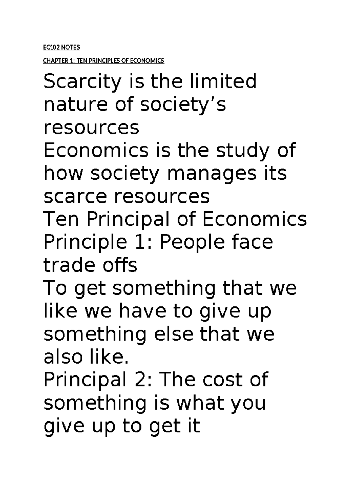 EC102 Notes - EC102 NOTES CHAPTER 1: TEN PRINCIPLES OF ECONOMICS ...