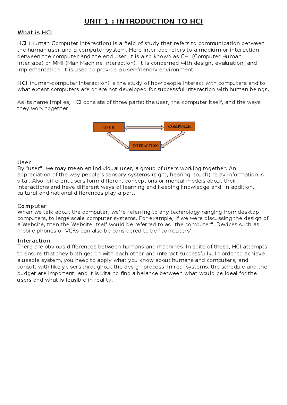 UNIT 1 - subject notes for unit 1 - UNIT 1 : INTRODUCTION TO HCI What ...