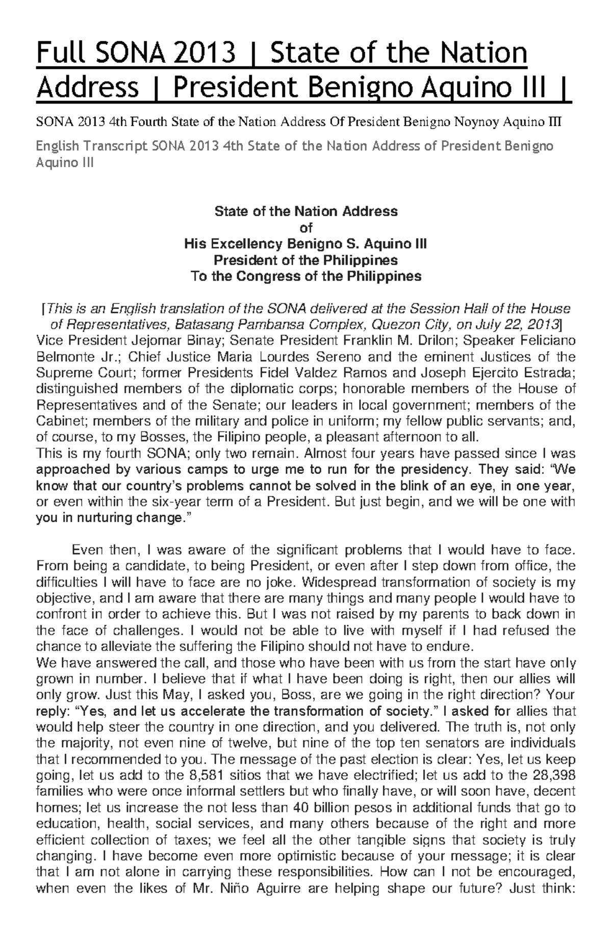 Full SONA 2013 English - Sona - Full SONA 2013 | State of the Nation Address | President Benigno ...