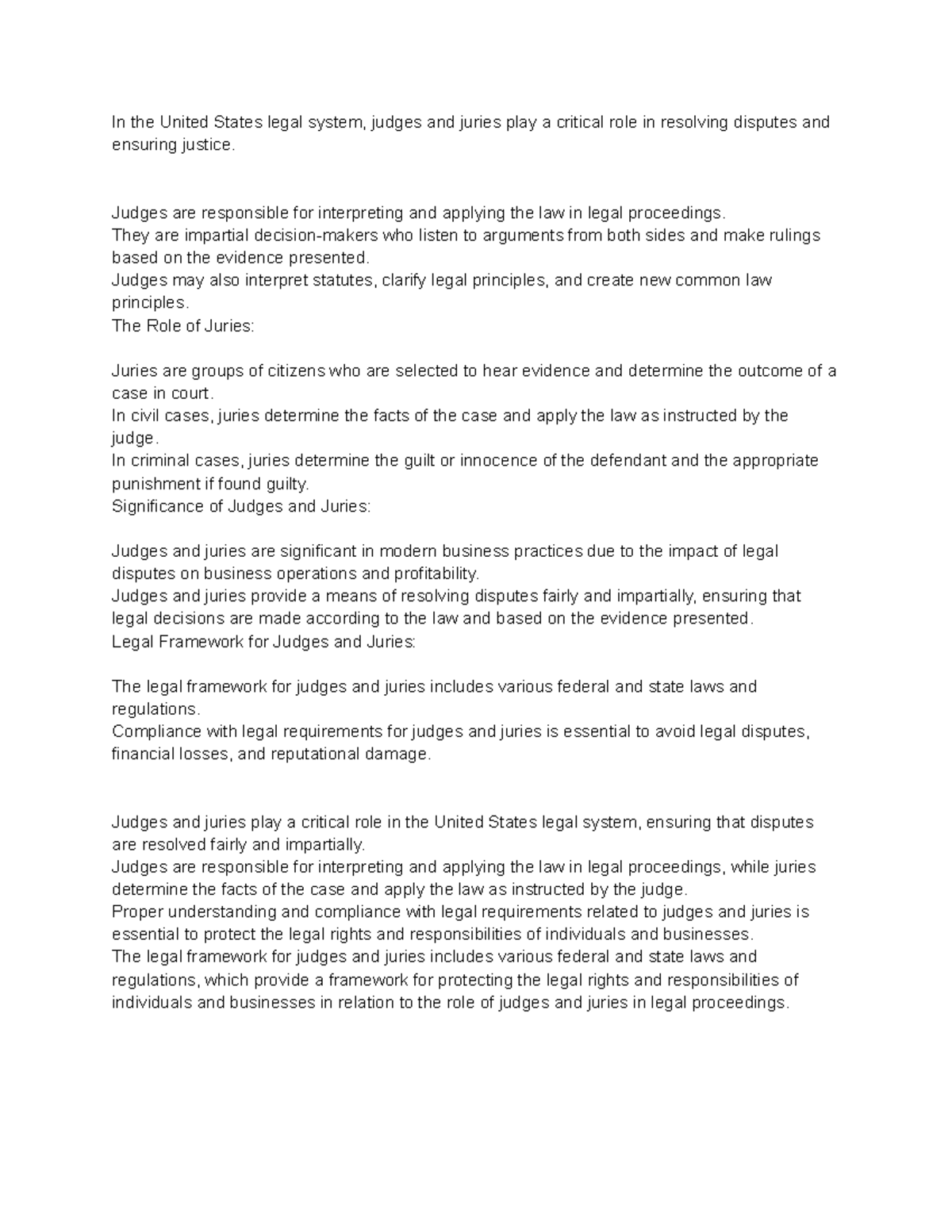 The Role of Judges and Juries Notes - In the United States legal system ...