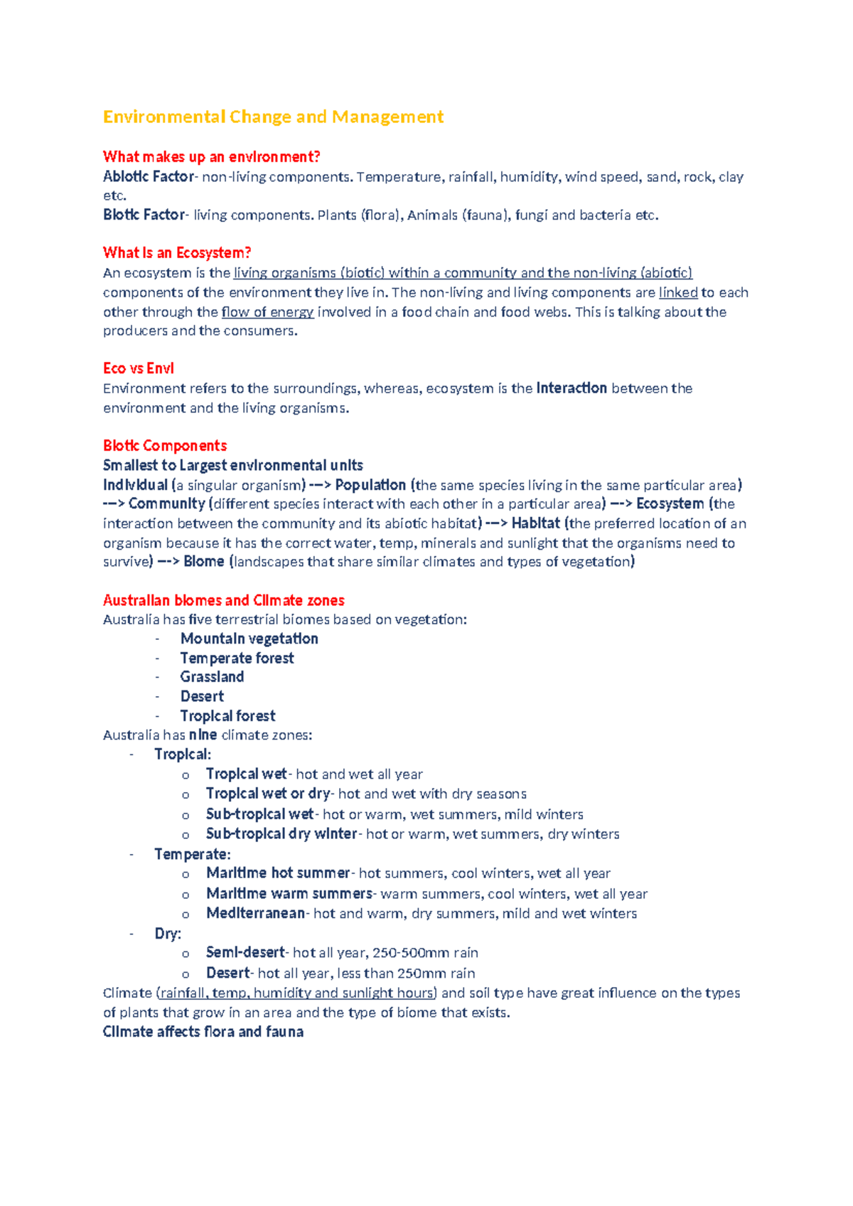 Geo final exam notes Yr9/10 - Environmental Change and Management What ...