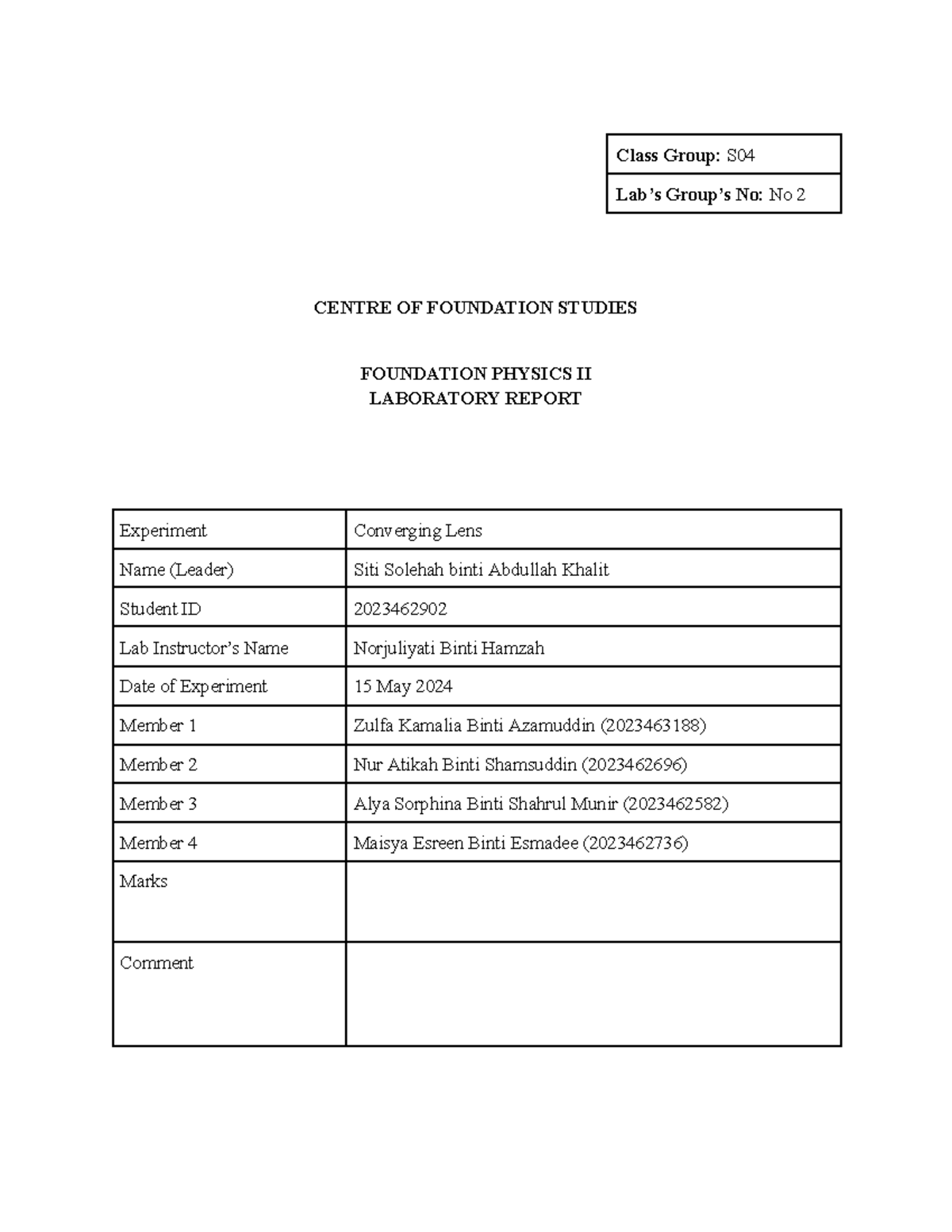 S04 Group 2 PHY098 Converging LENS - Class Group: S Lab’s Group’s No ...