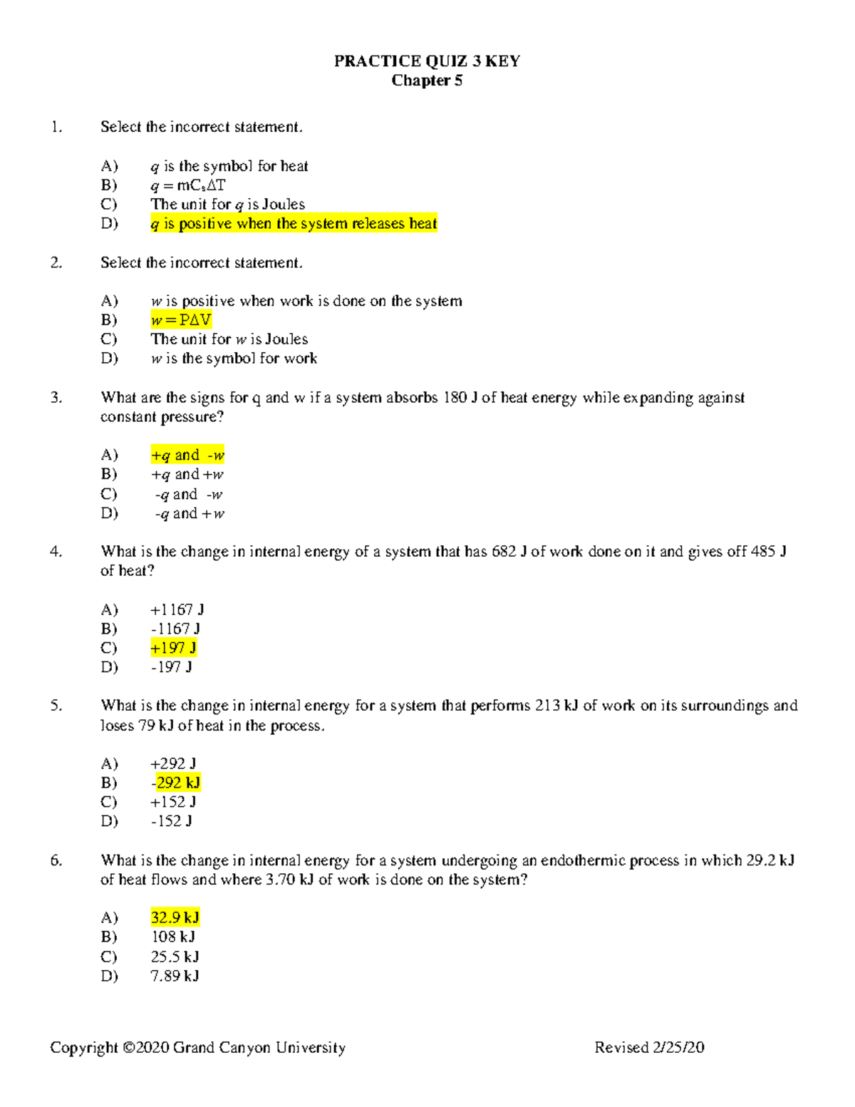 CHM113 PQ3 Ch5 KEY - Practice test key - PRACTICE QUIZ 3 KEY Chapter 5 ...