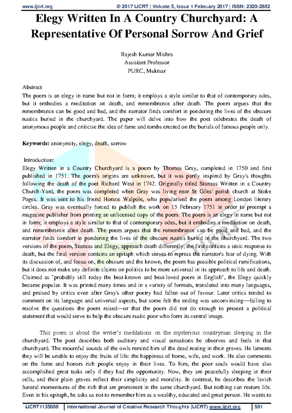 A Representative Of Personal Sorrow And Grief - Elegy Written In A ...