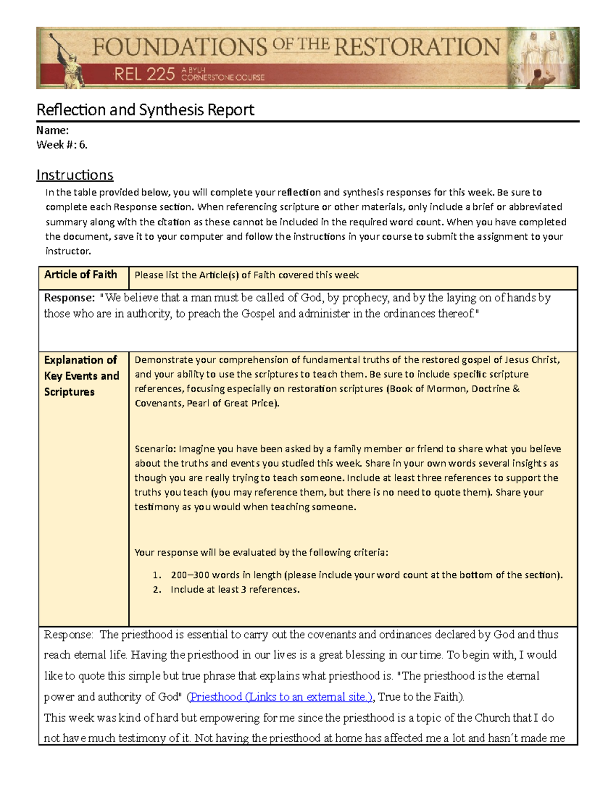 Week 06 Reflection - Reflection and Synthesis Report Name: Week #: 6 ...
