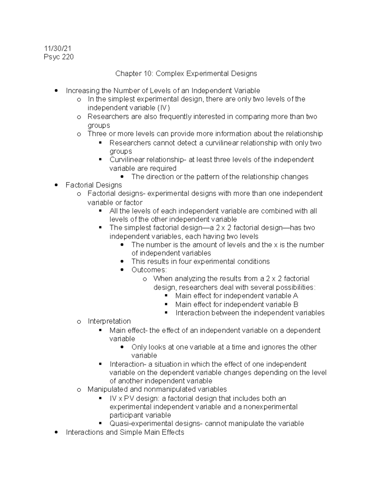 Ch 10 Complex Experimental Design - 11/30/ Psyc 220 Chapter 10: Complex ...
