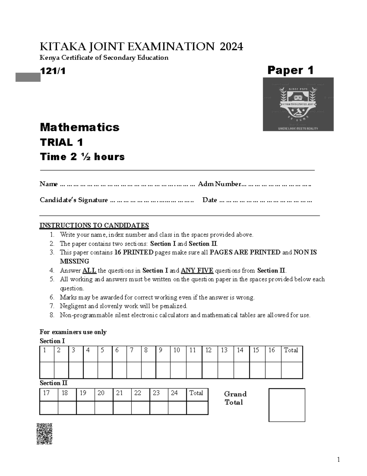 Kitaka SET 1 - notes - KITAKA JOINT EXAMINATION 2024 Kenya Certificate ...
