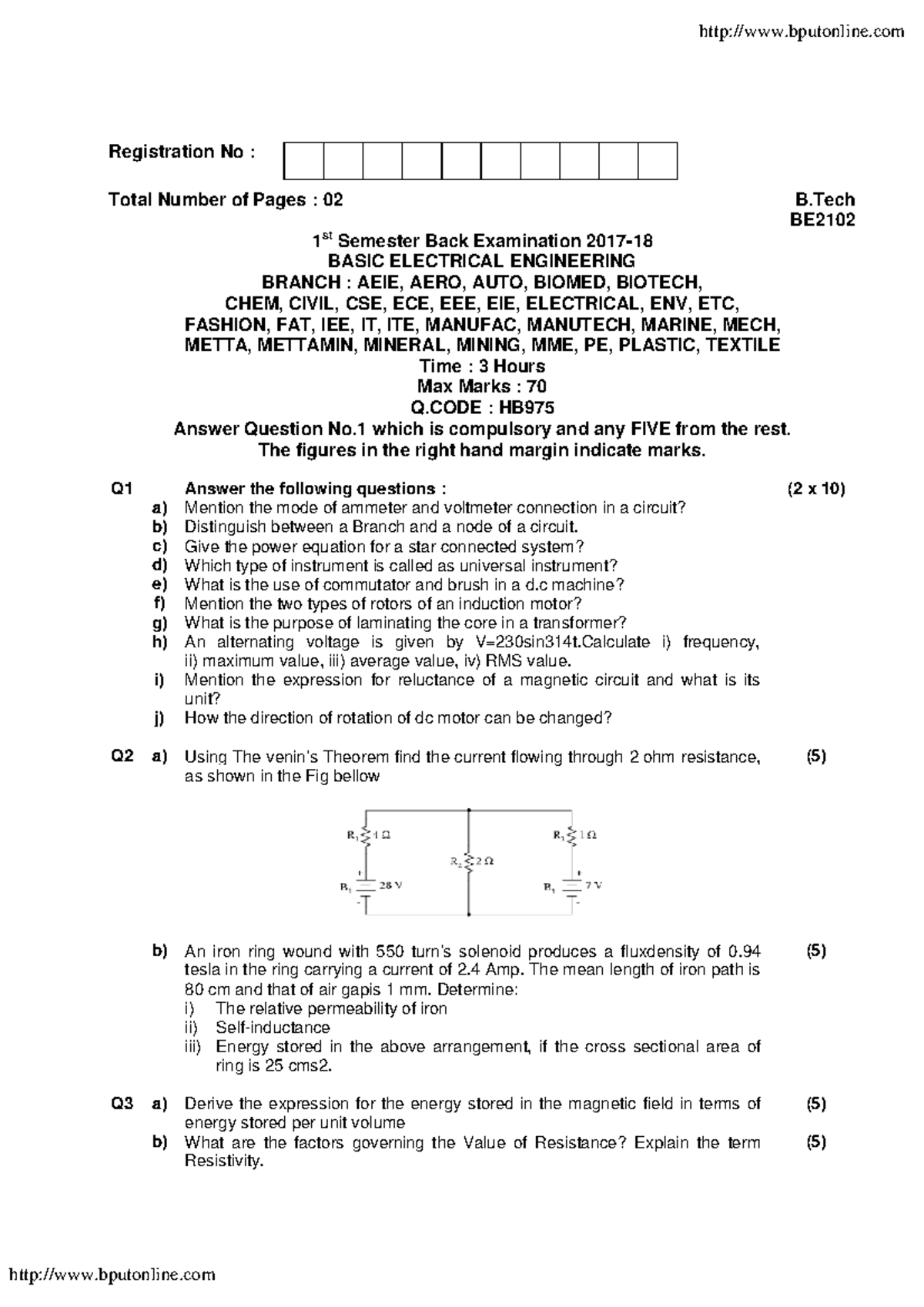 Btech 1 Sem Basic Electrical Engineering Be2102 2020 Registration No Total Number Of Pages 