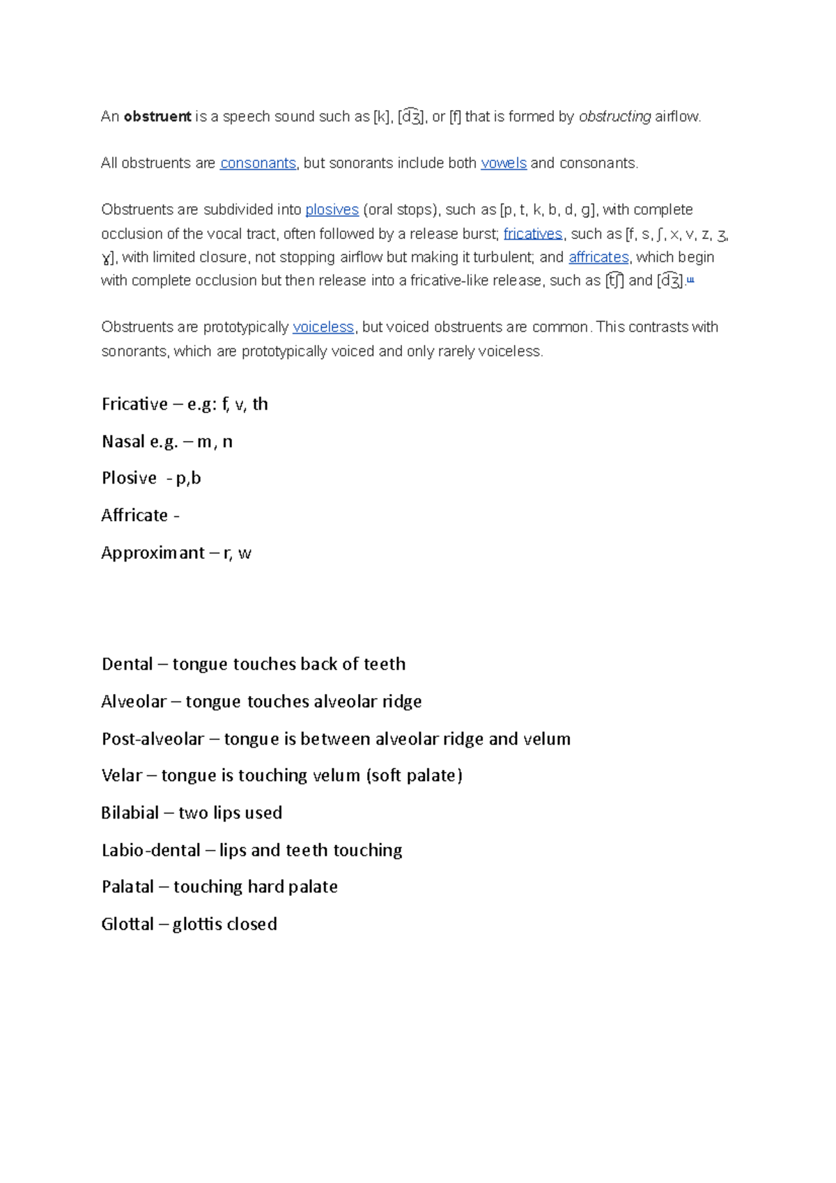 Phonology notes - summary of module for exam - An obstruent is a speech ...