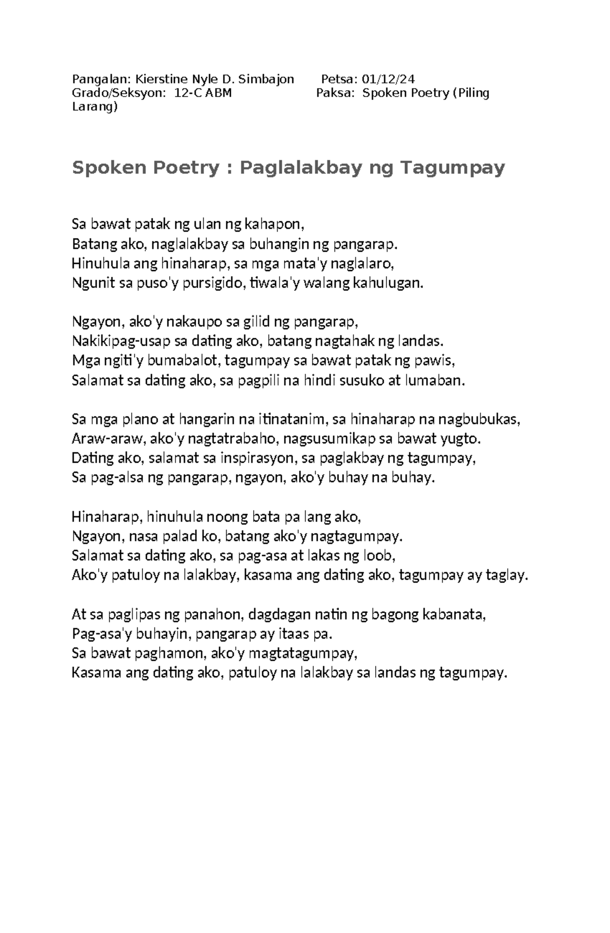 Spoken-poetry - Spoken poetry - Pangalan: Kierstine Nyle D. Simbajon ...