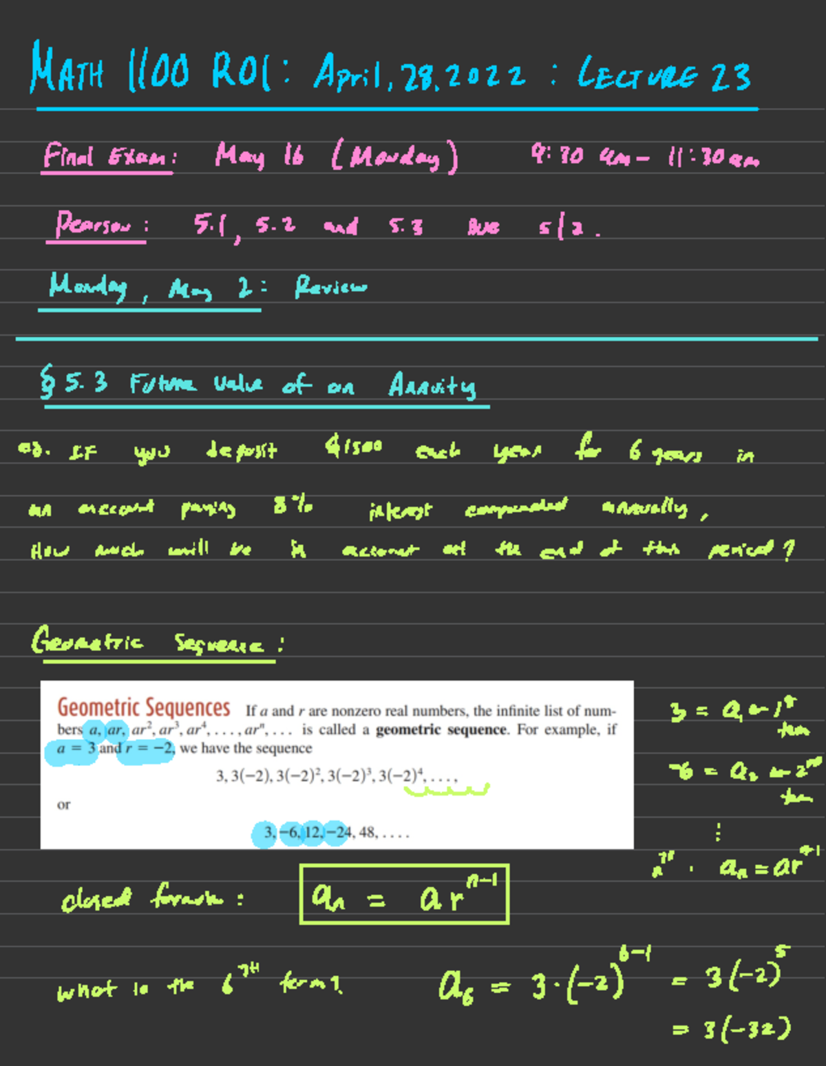 1100 R01 Lecture 23 - MATH 1100 ROI : April , 28,2022 : LECTURE 23 ...