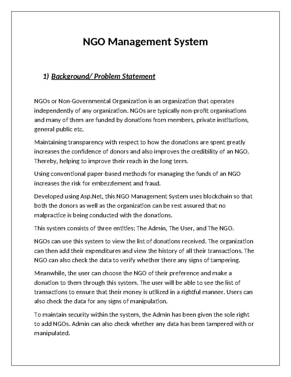 NGO Managenent System - NGO Management System 1) Background/ Problem ...