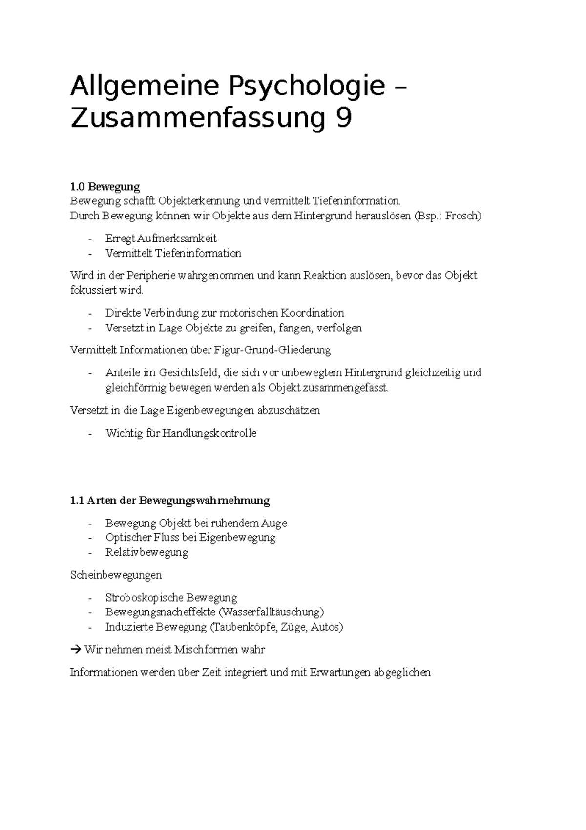 7. Zusammenfassung 9 Allgemeine Psychologie - Allgemeine Psychologie – Zusammenfassung 9 1 ...