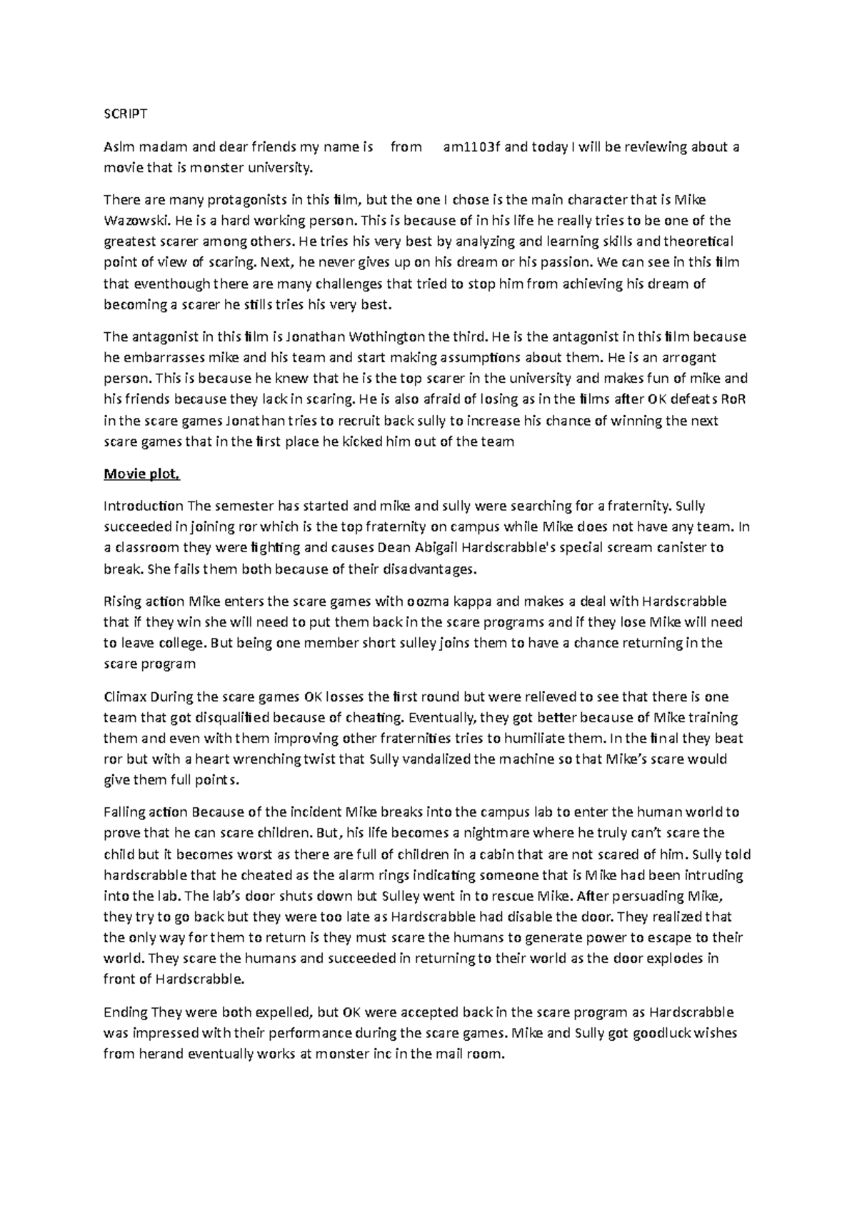 Script ELC - elc - SCRIPT Aslm madam and dear friends my name is from ...