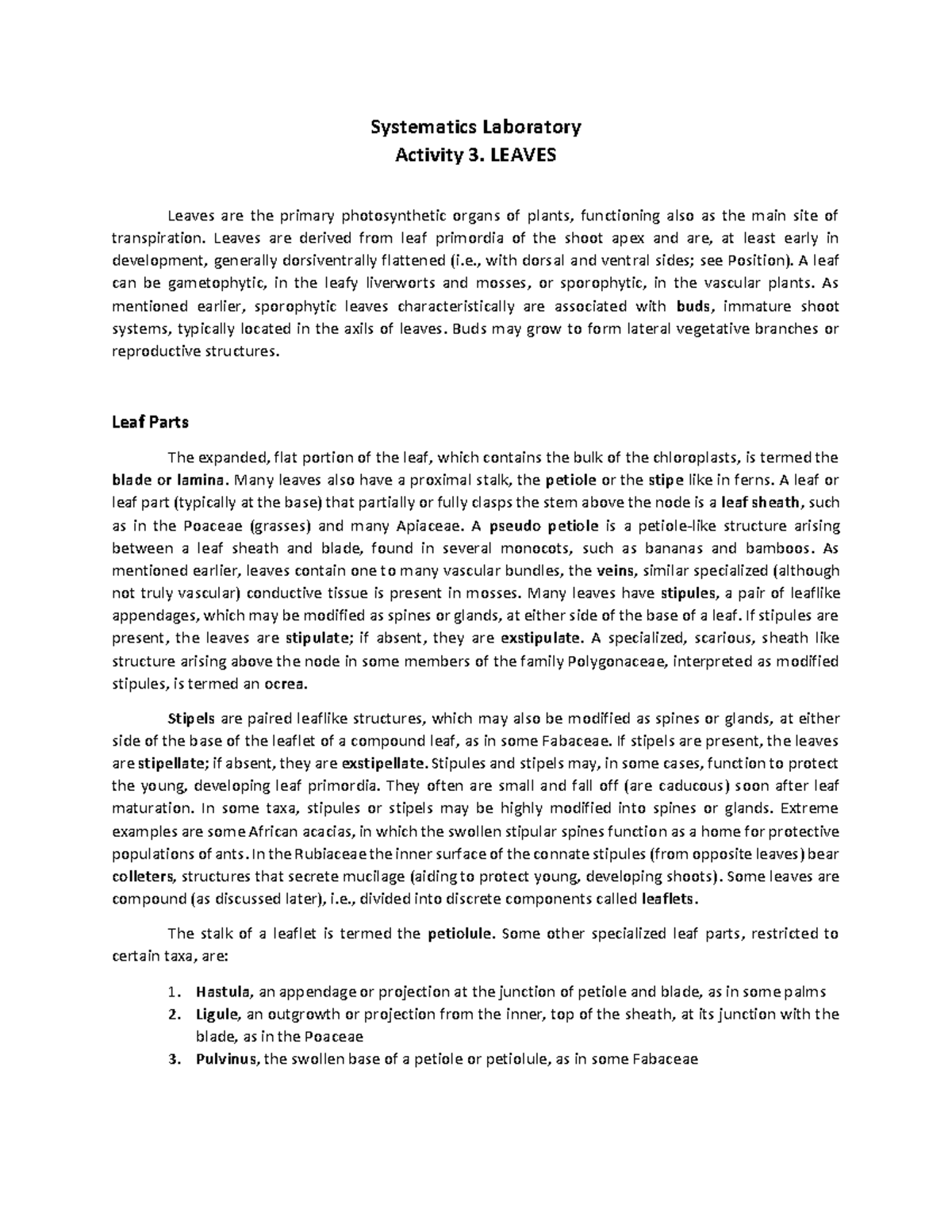 Pre Lab. Activity 3. Leaves - Systematics Laboratory Activity 3. LEAVES ...