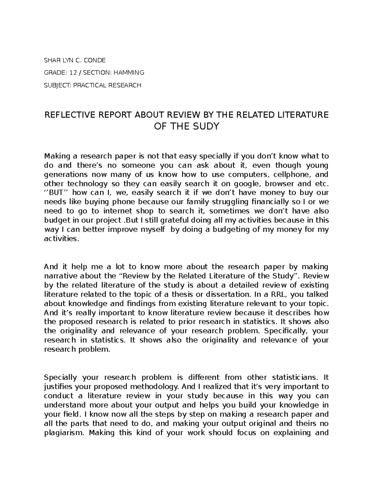 Reflective Report About Review BY THE Related Literature OF THE Study ...